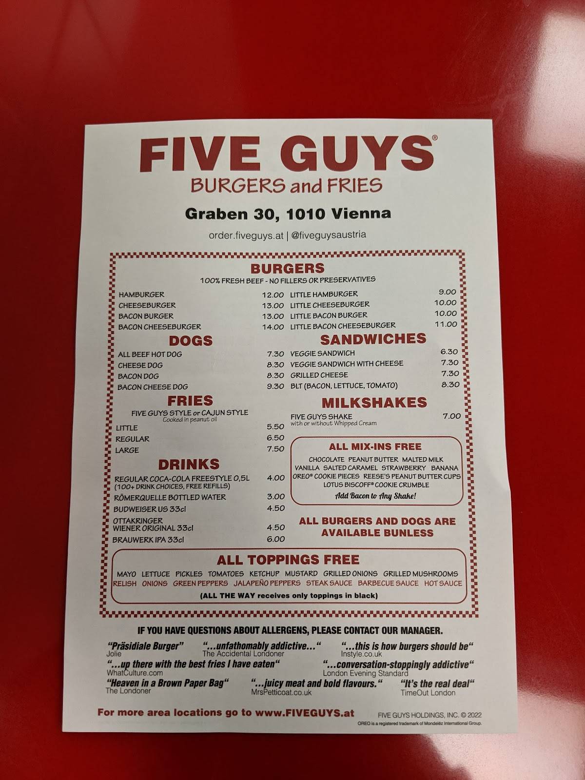 Speisekarte von Five Guys Graben restaurant, Wien, Graben 30
