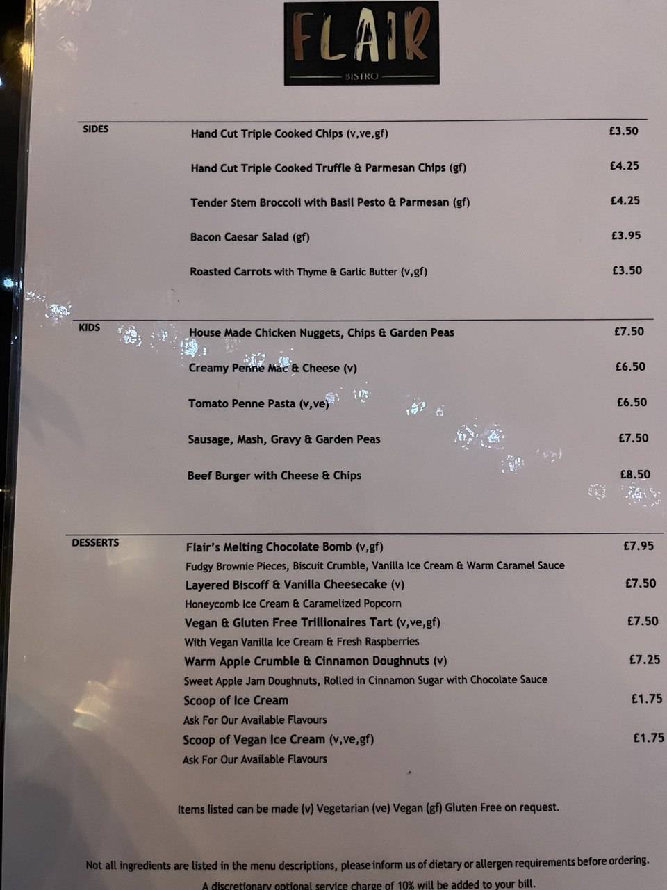 Menu at Flair Bistro restaurant, Coningsby