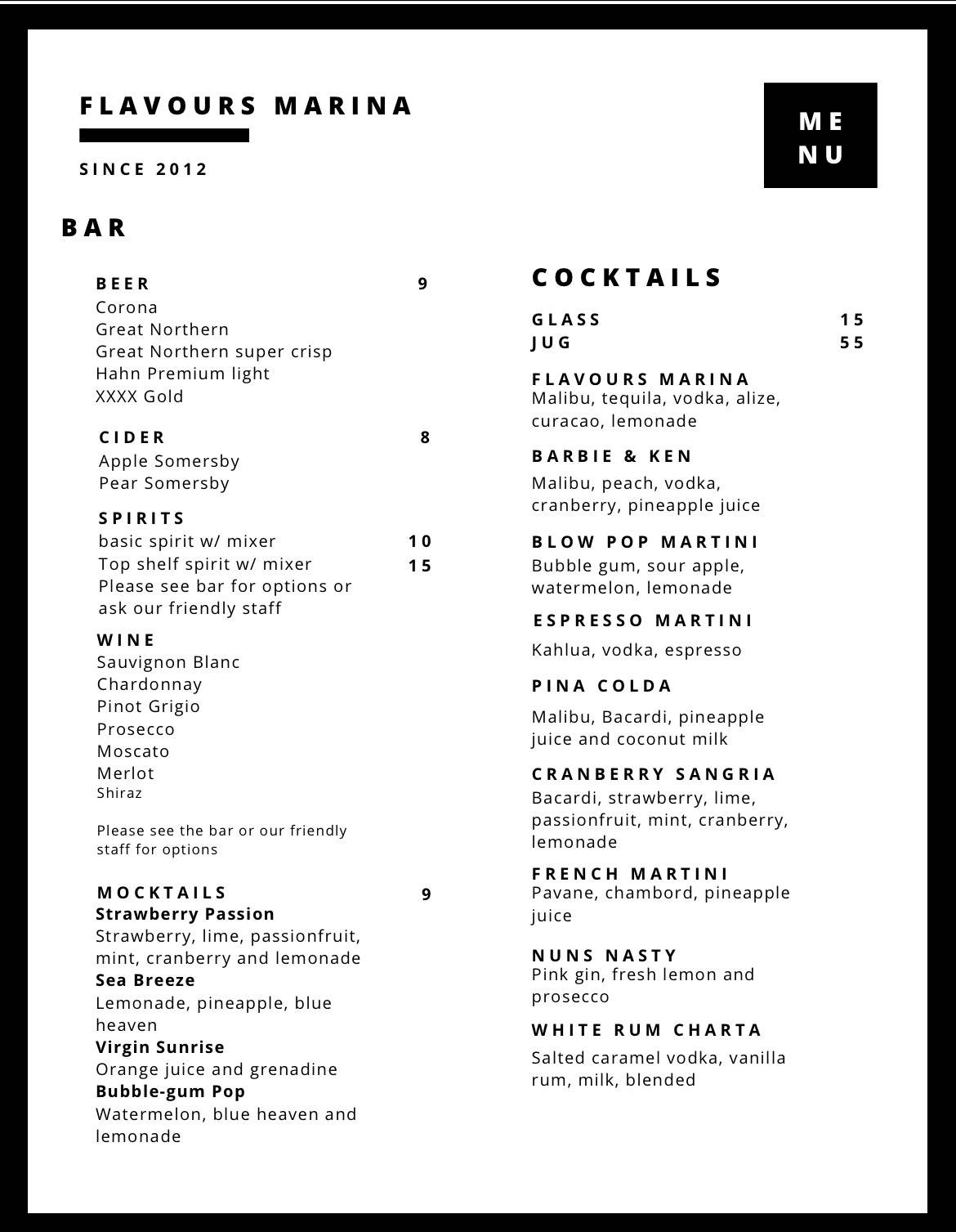 Menu at Flavours Marina, Gladstone restaurant, Gladstone Central