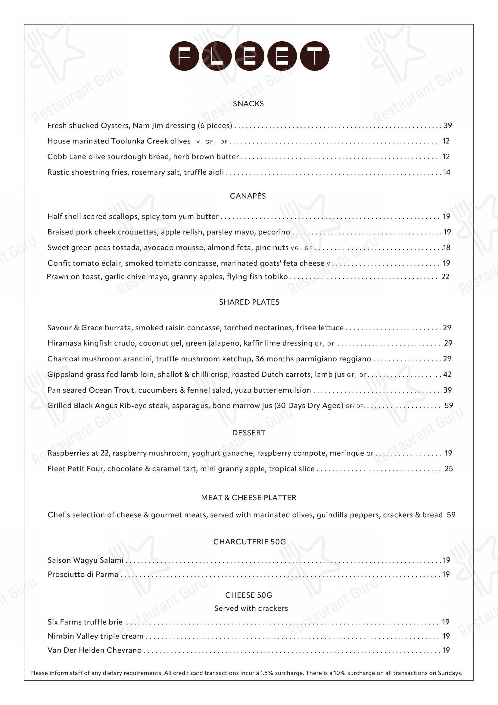 Carta de Fleet Rooftop Bar, Melbourne