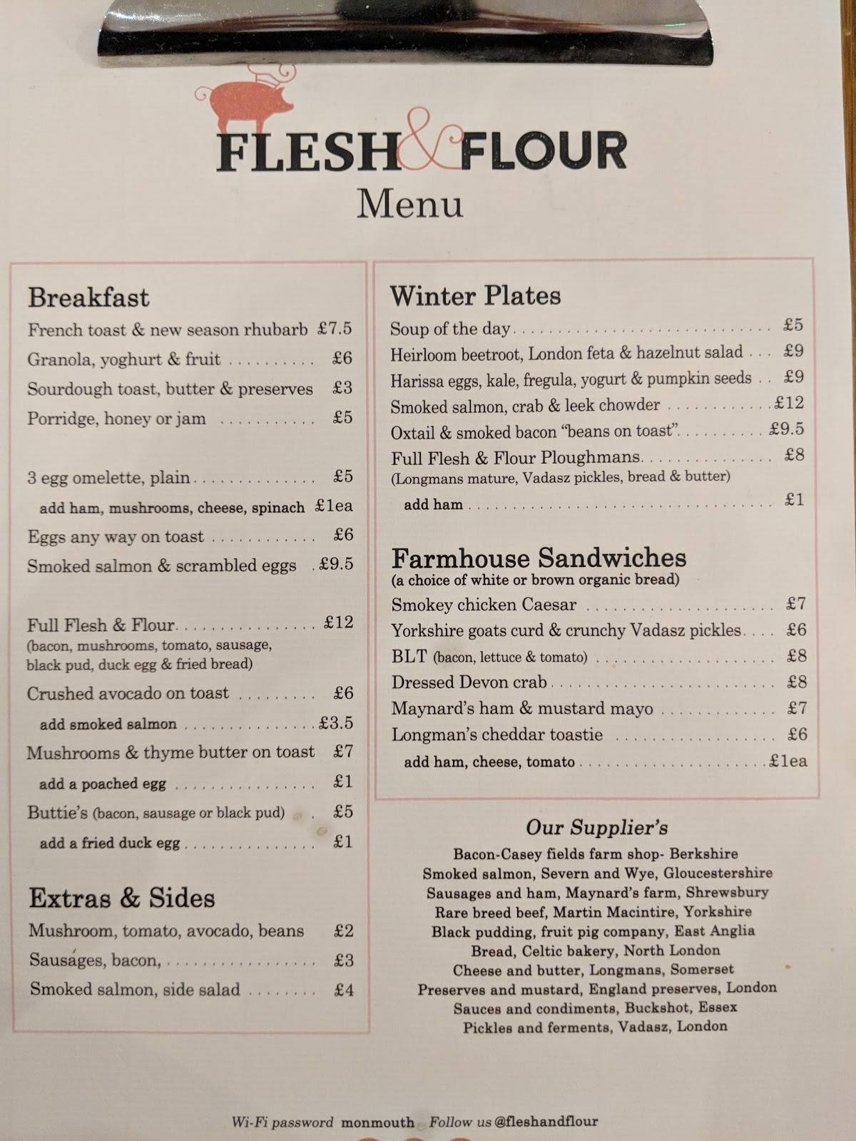 Menu at Flesh & Flour restaurant, London