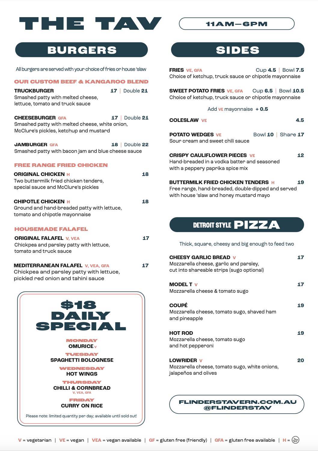 Carta del pub y bar Flinders Tavern, Bedford Park