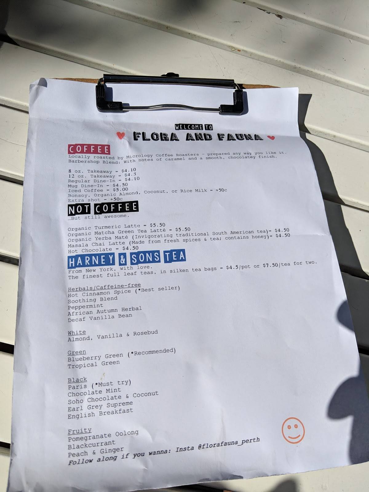 Menu at Flora & Fauna cafe, Perth