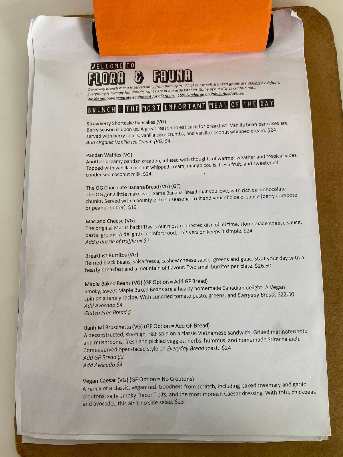 Menu at Flora & Fauna cafe, Northbridge
