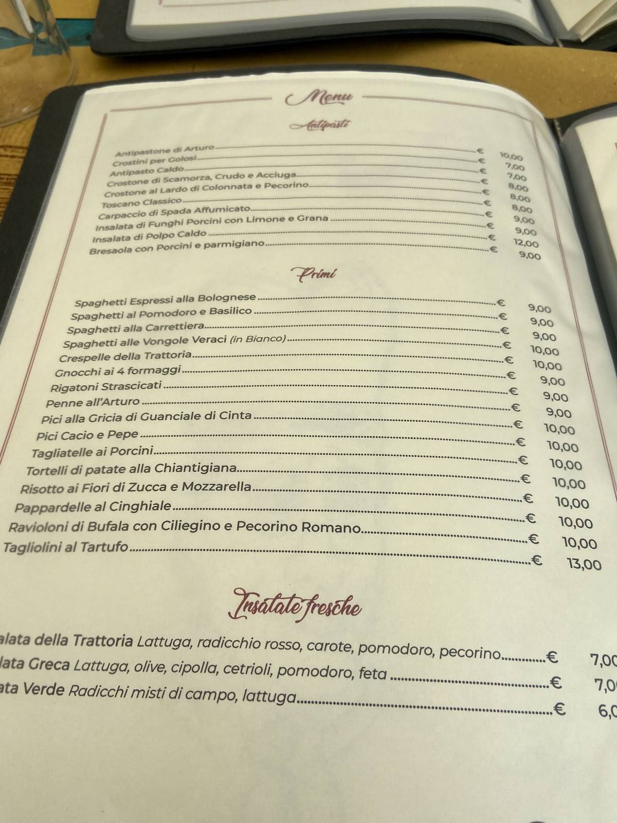 Menu at Trattoria Dell'Orto restaurant, Florence, Via dell'Orto