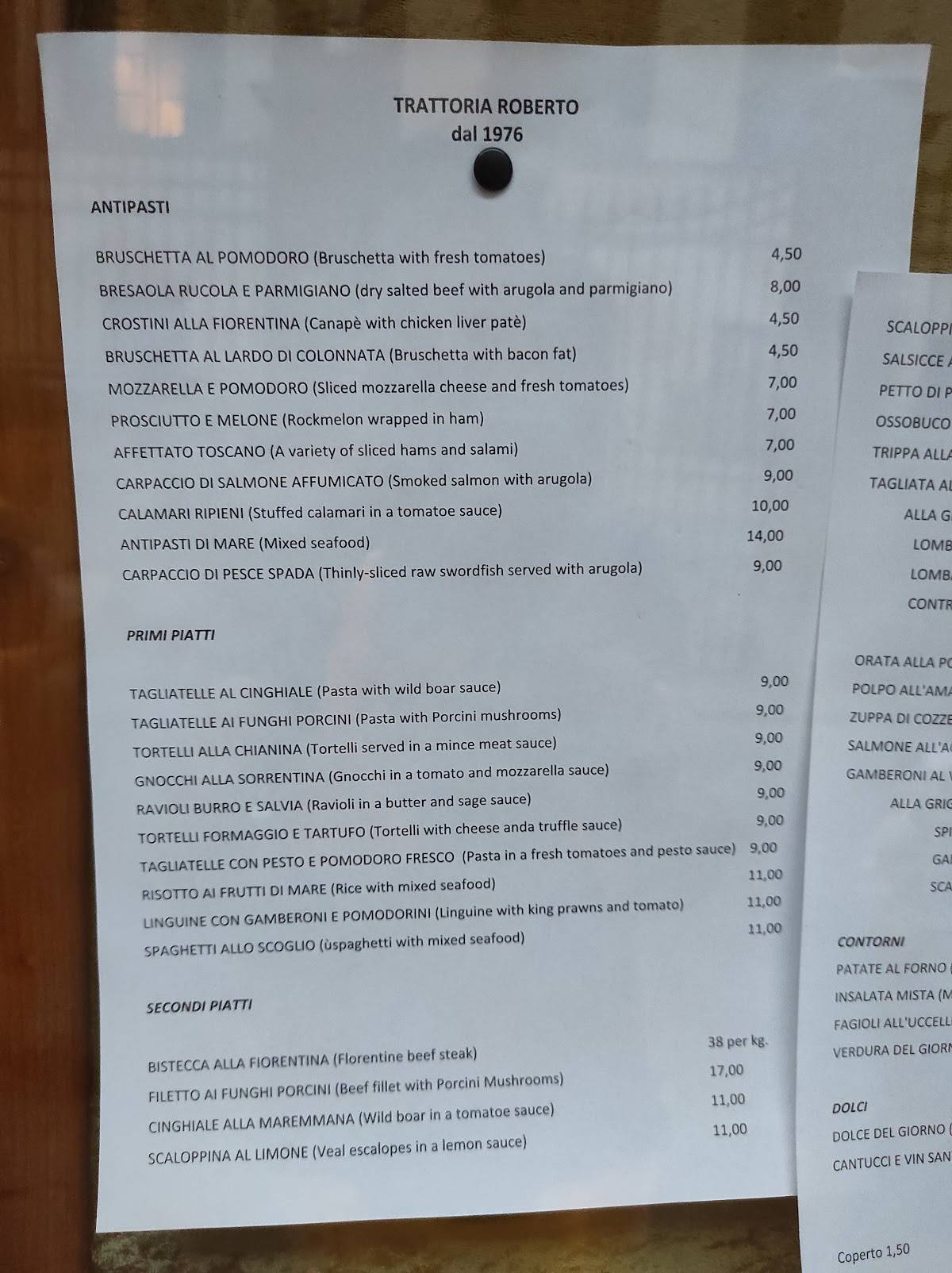 Menu at Trattoria Roberto restaurant, Florence