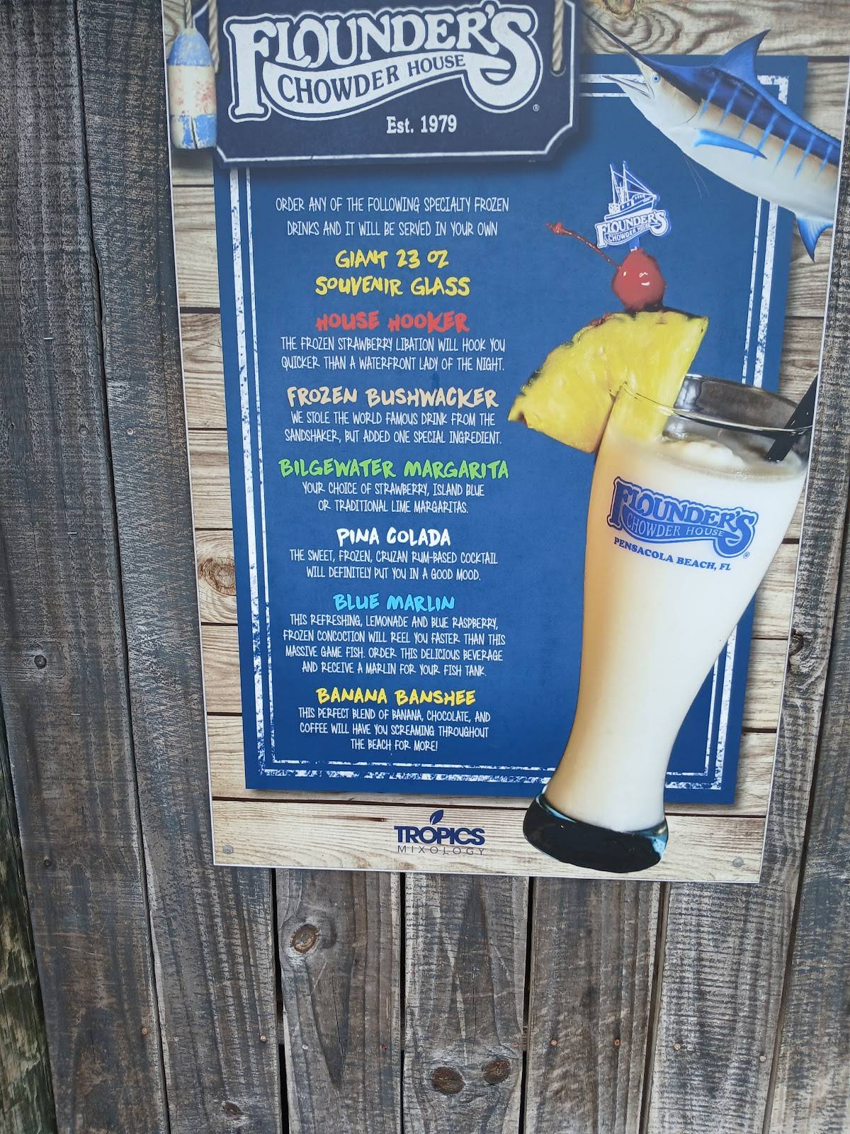 Menu at Flounder's Chowder House pub & bar, Pensacola Beach