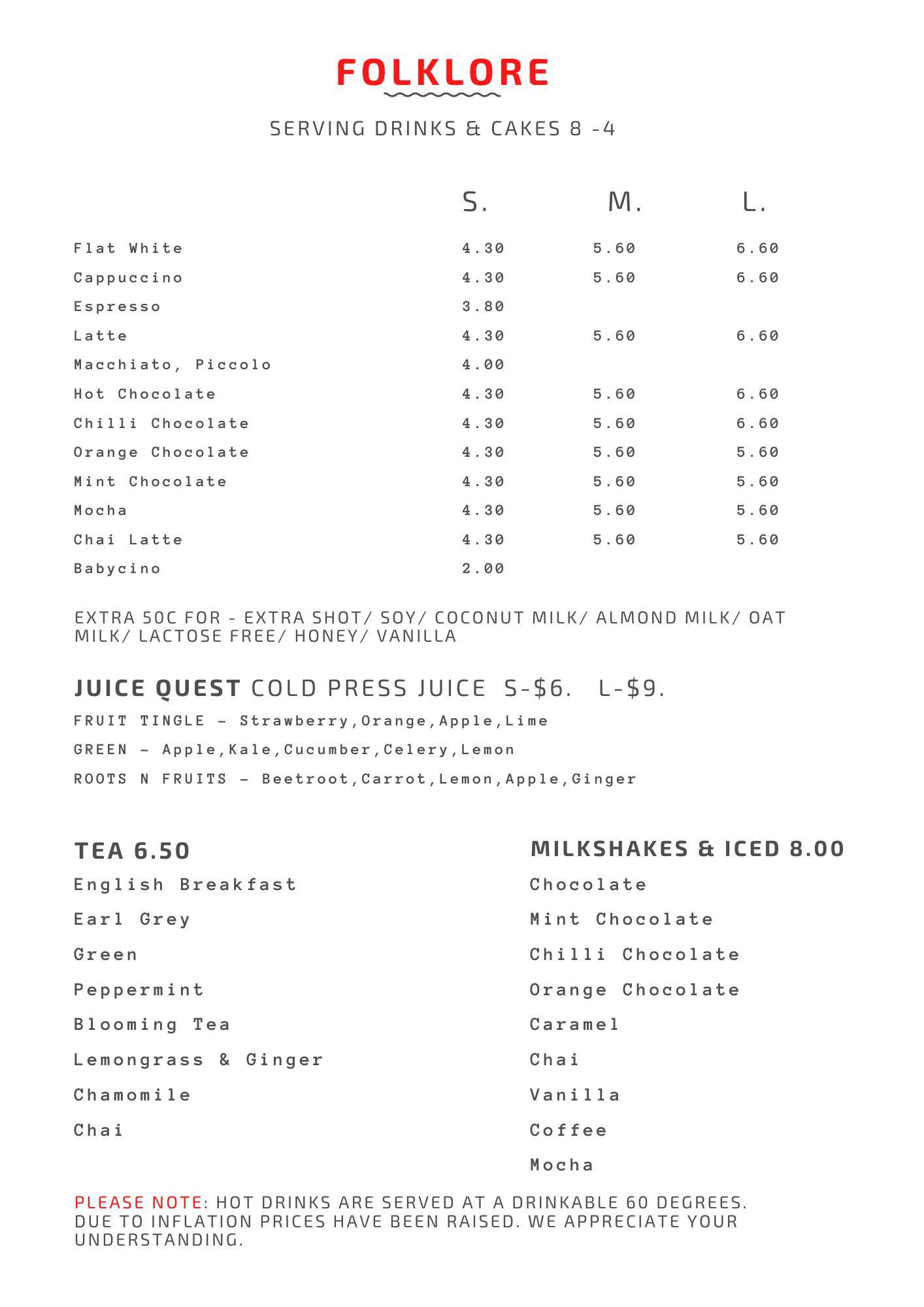 Menu at Folklore Cafe, Port Adelaide