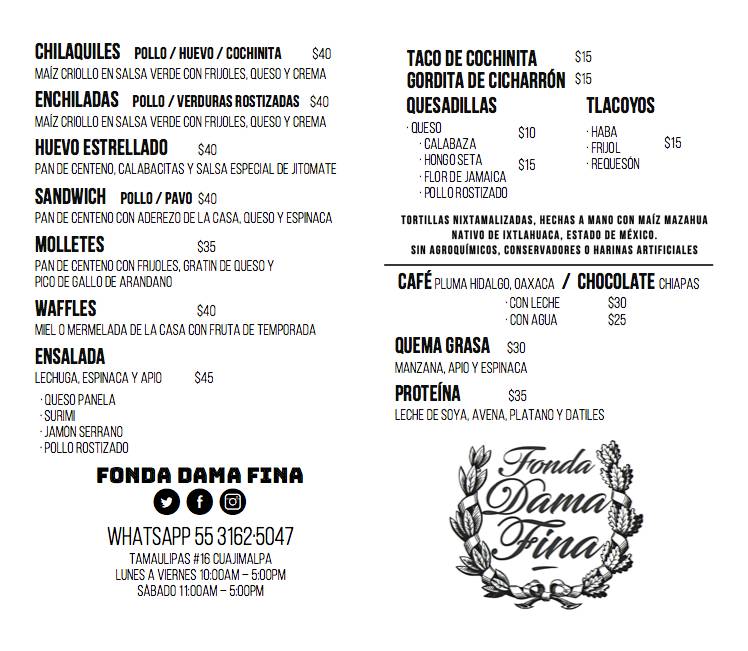 Carta del restaurante Fonda Dama Fina, San Lorenzo Acopilco