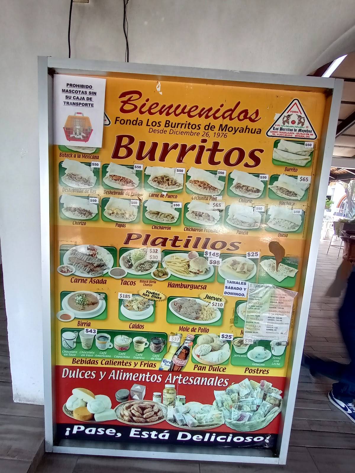 Carta del restaurante Fonda Los Burritos del Moyahua, Moyahua del Estrada