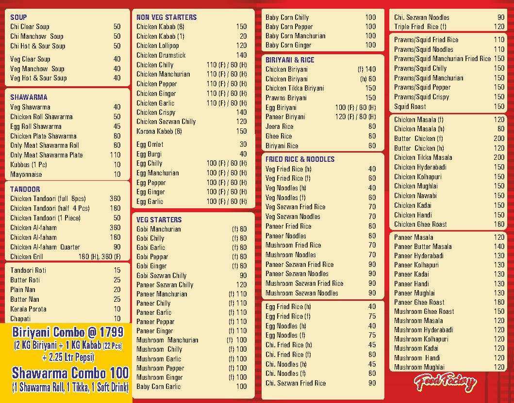 Menu at Food Factory, Mangaluru, cross