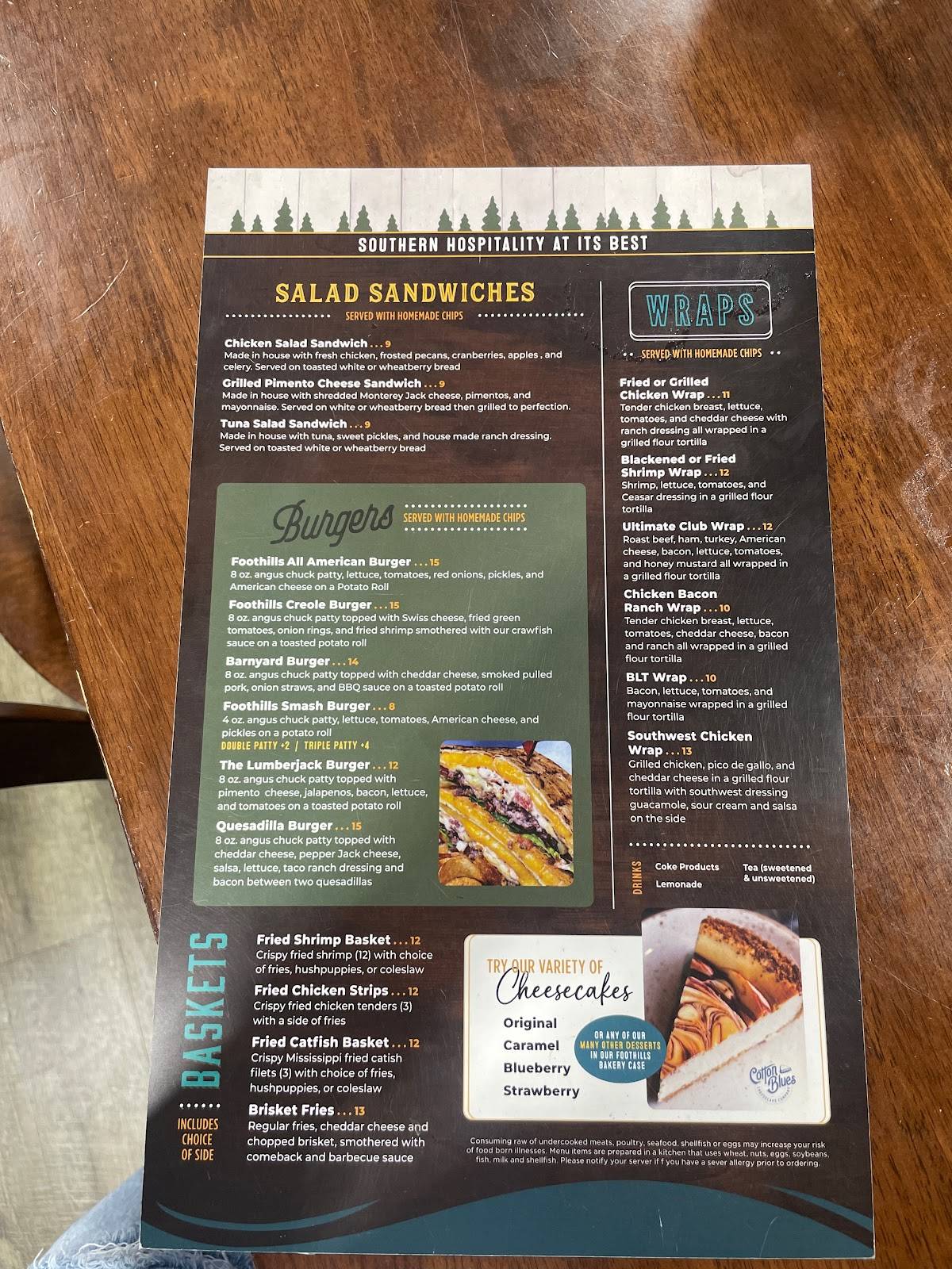 Menu at Foothills Diner restaurant, Forest