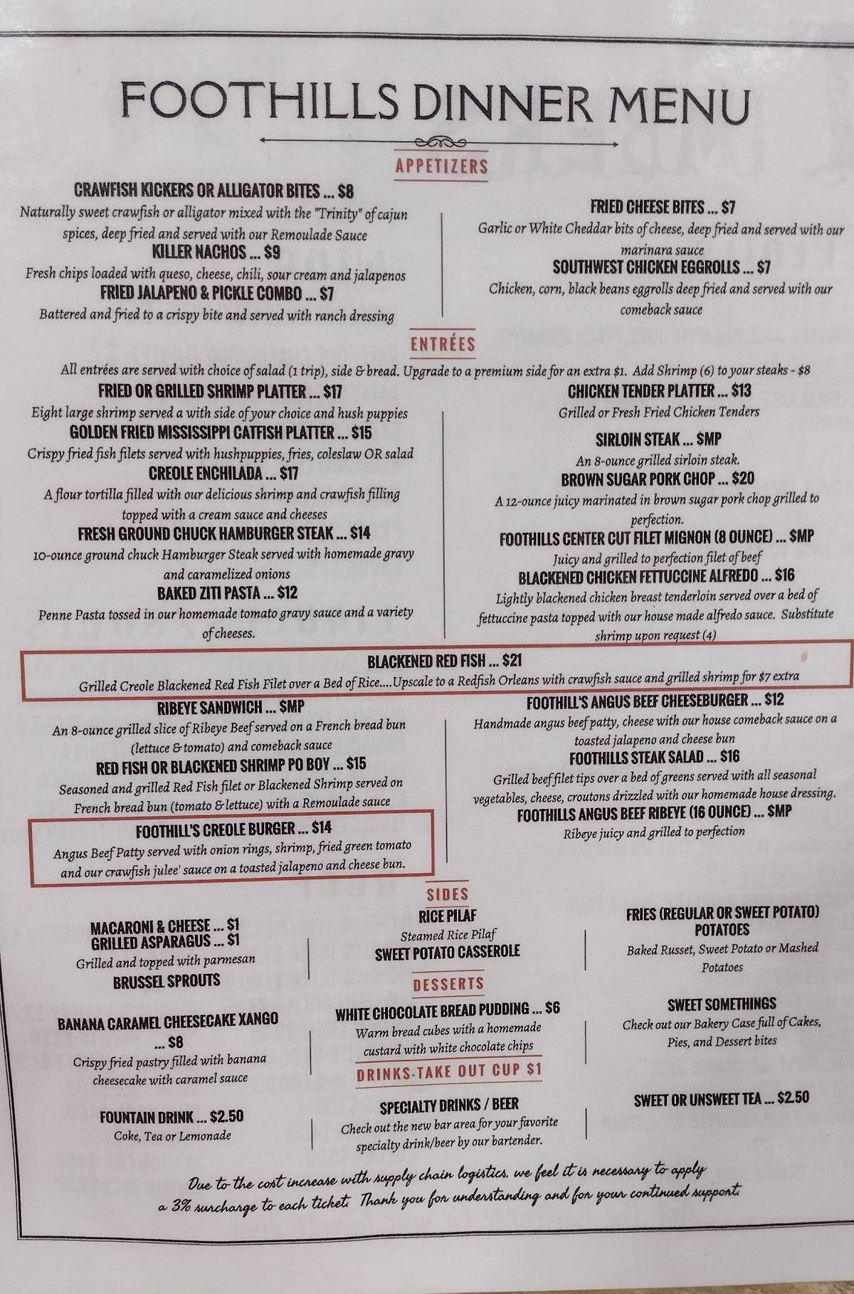 Menu at Foothills Diner restaurant, Forest