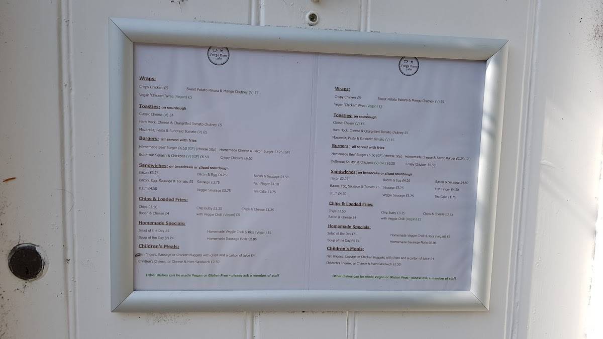 Menu at Forge Dam Cafe, Sheffield, Carr Forge Dam