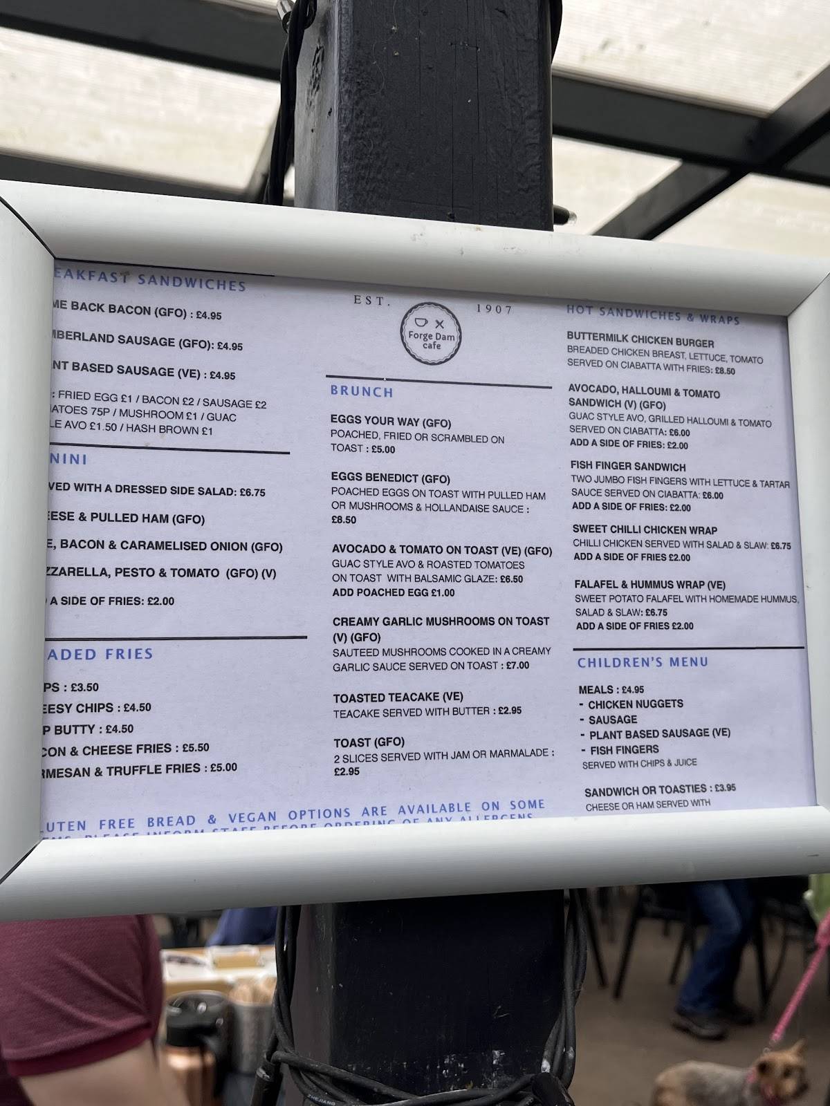 Menu at Forge Dam Cafe, Sheffield, Forge Dam