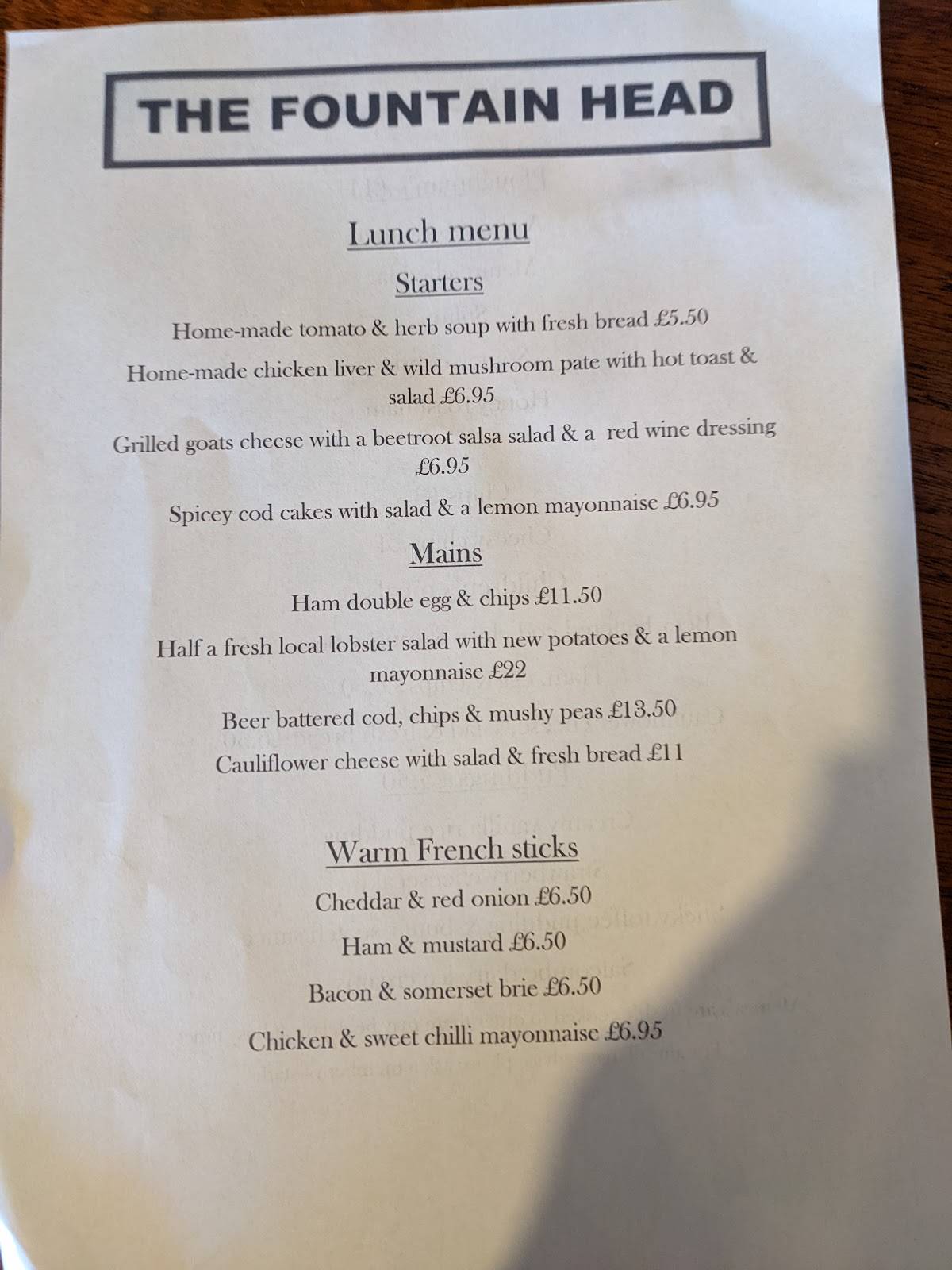 Menu at Fountain Head Inn pub & bar, Branscombe, Fountain Head House