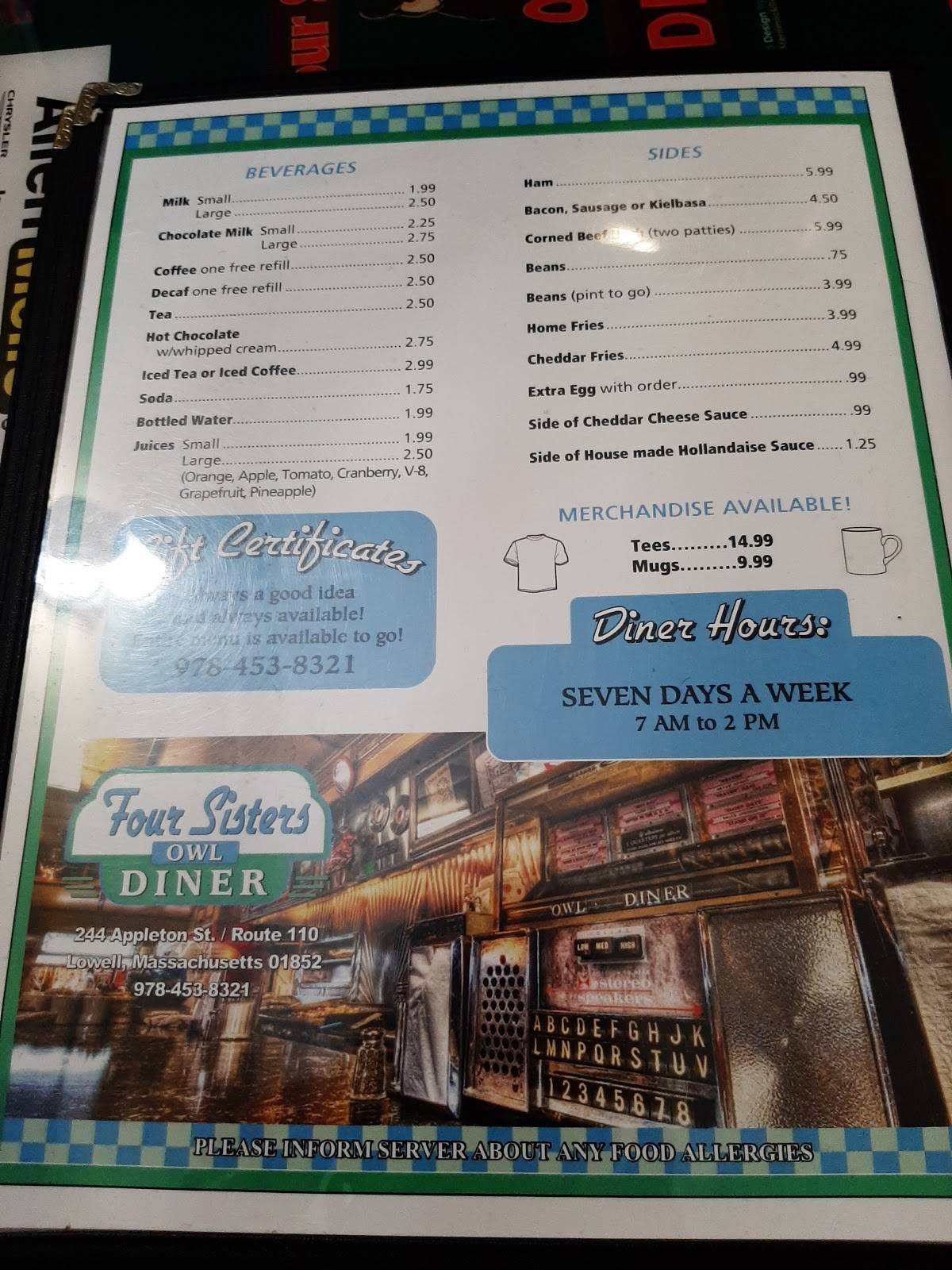Menu at Four Sisters Owl Diner restaurant, Lowell