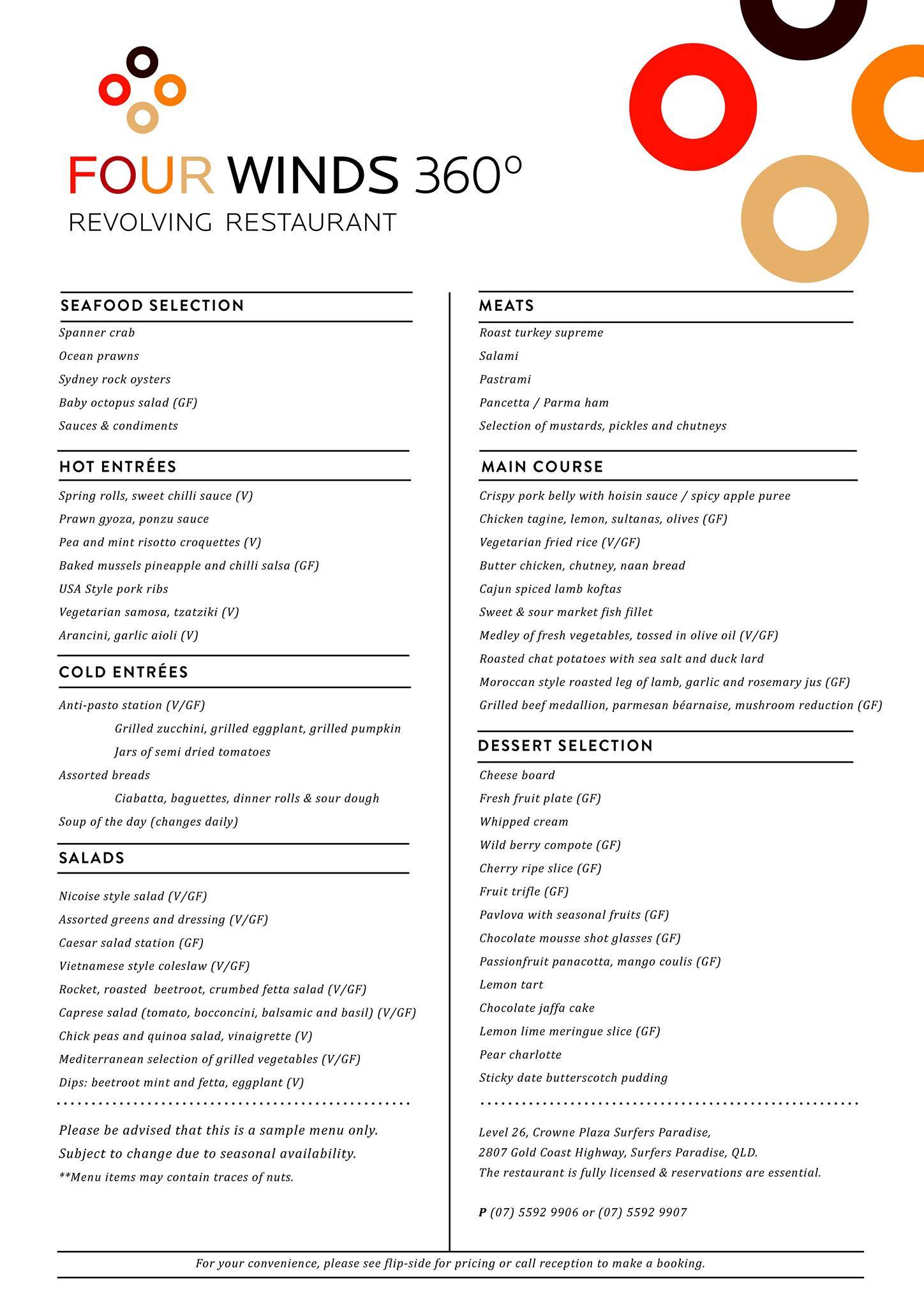 Menu at Four Winds restaurant, Surfers Paradise