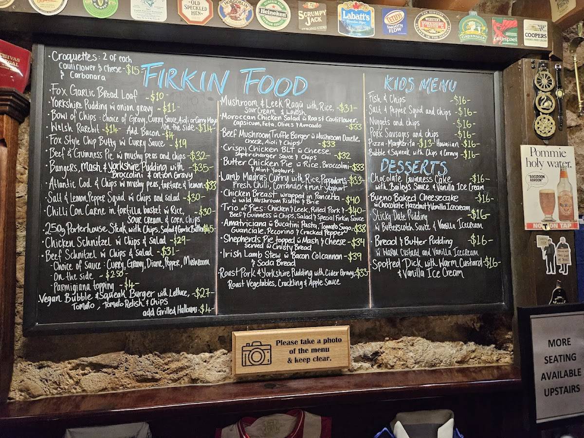 Menu at Fox & Firkin English Pub, Tea Tree Gully
