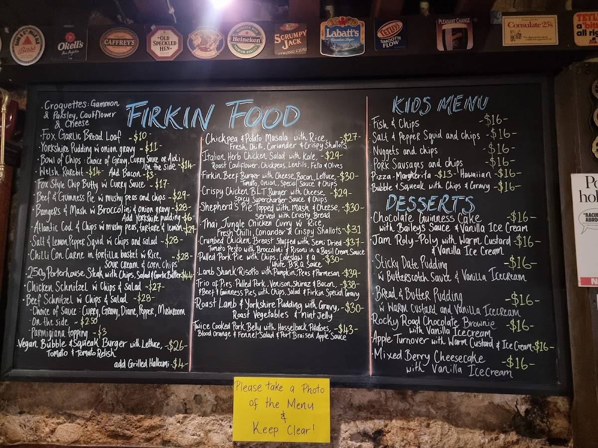 Menu at Fox & Firkin English Pub, Tea Tree Gully