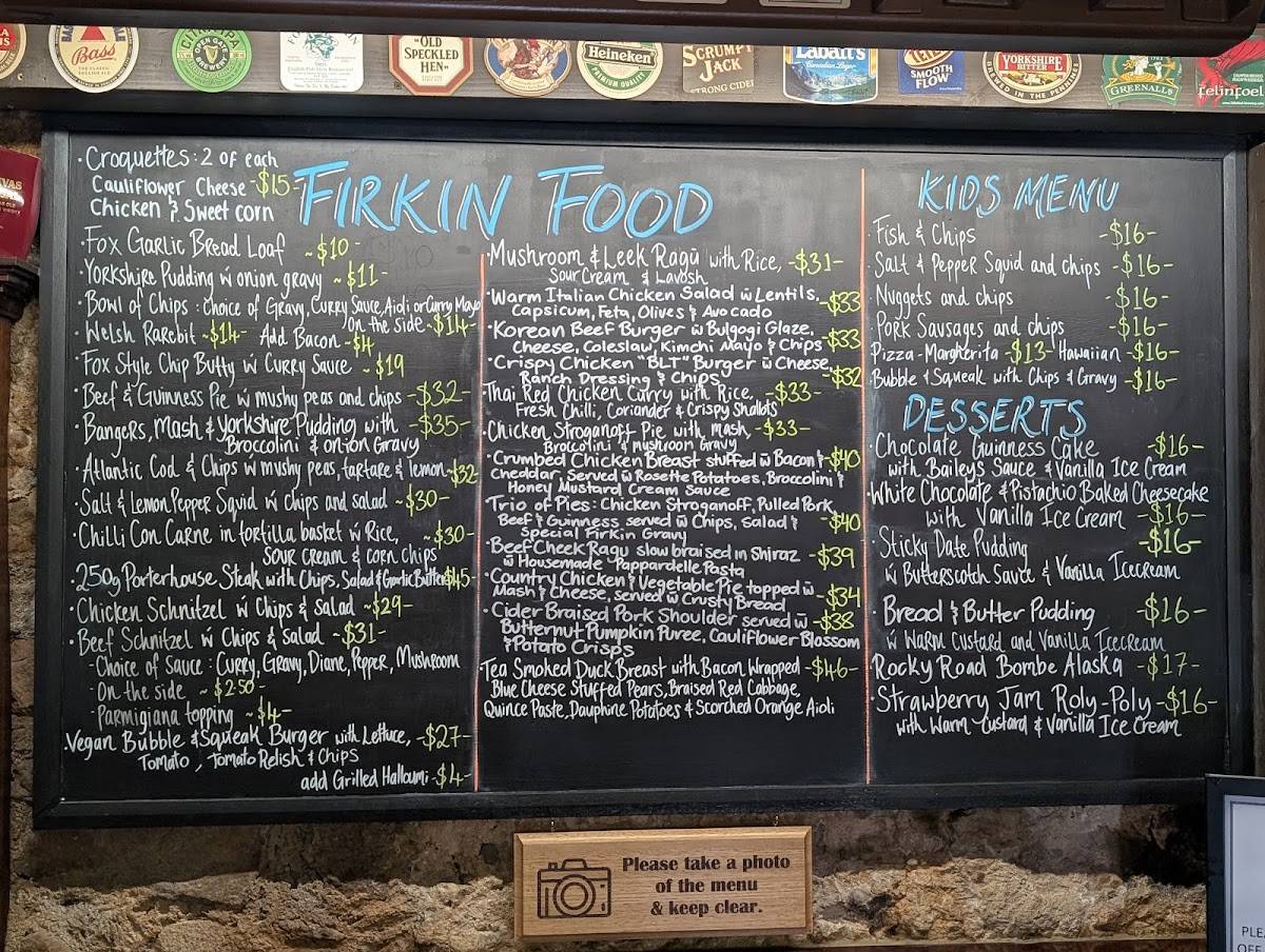 Menu at Fox & Firkin English Pub, Tea Tree Gully