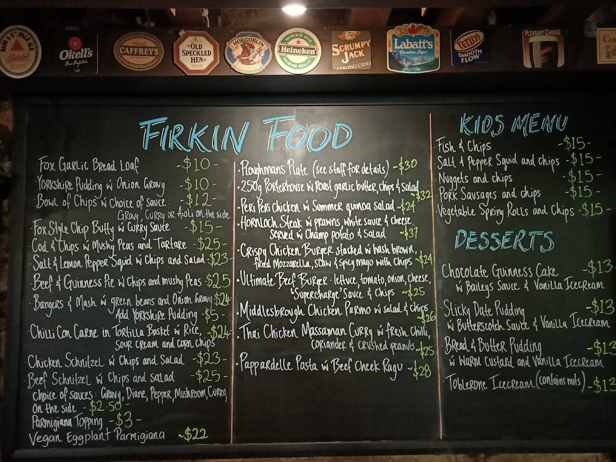 Menu at Fox & Firkin English Pub, Tea Tree Gully