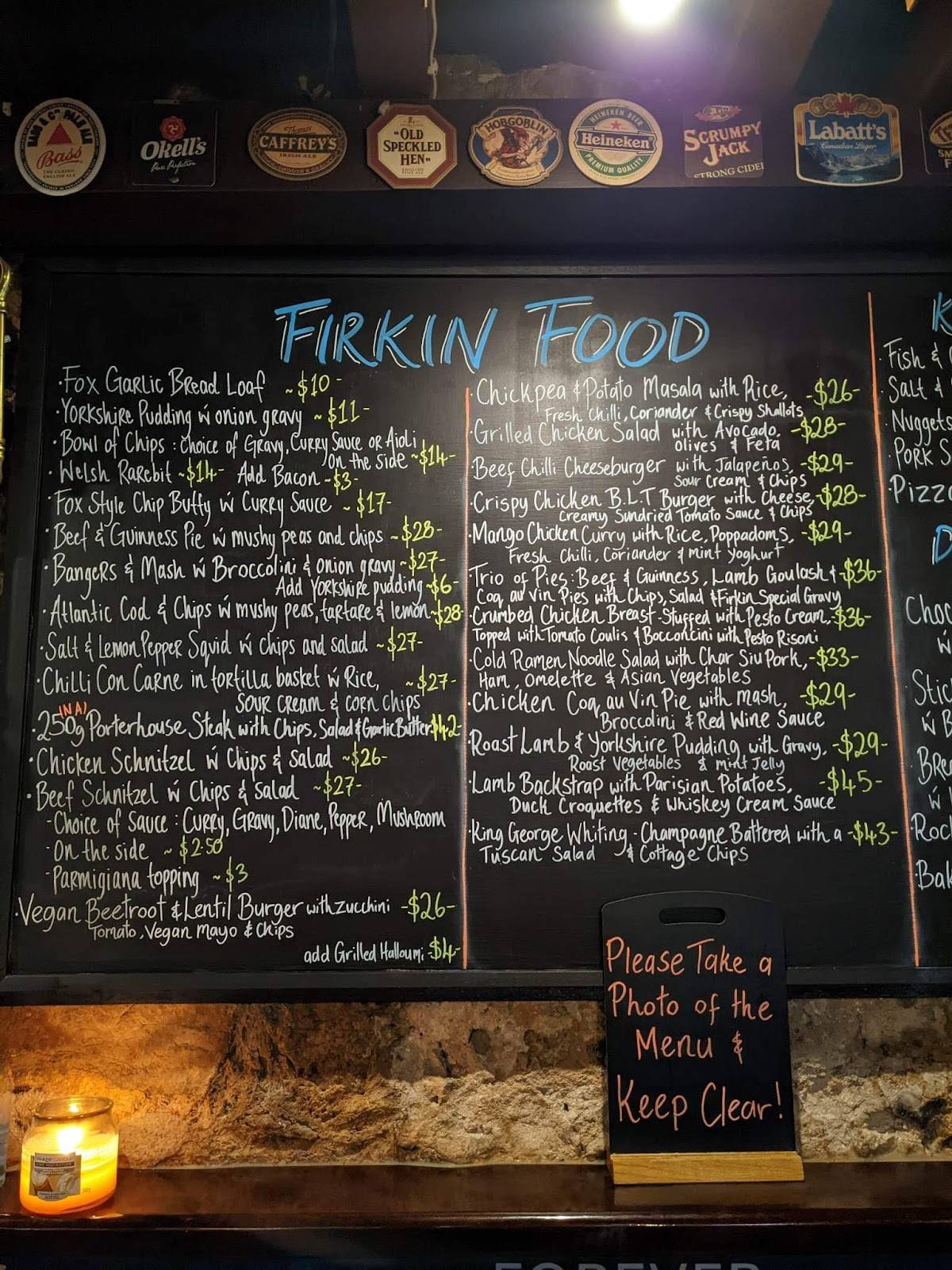 Menu at Fox & Firkin English Pub, Tea Tree Gully