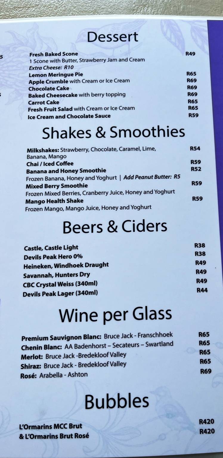 Menu at Fraiche Ayres Restaurant, Cape Town