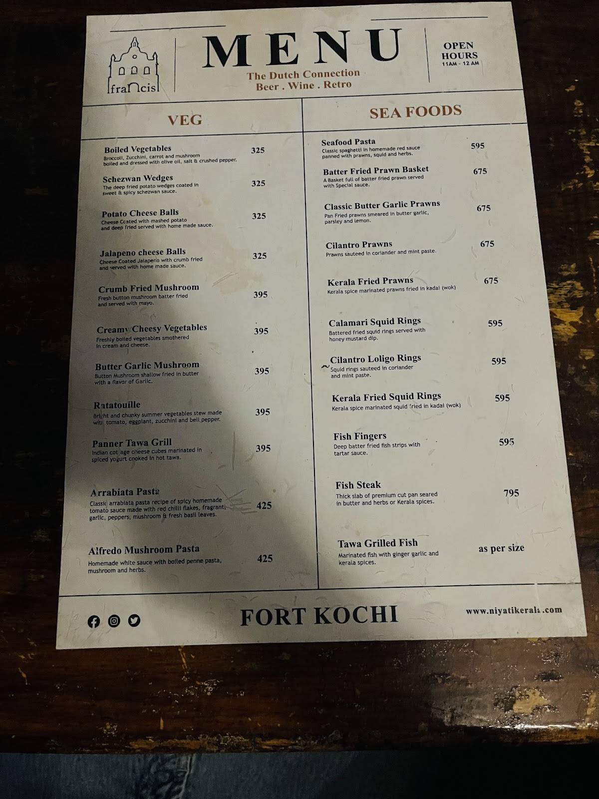 Menu at Francis, Kochi