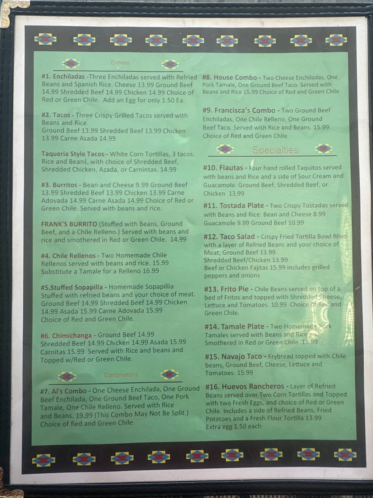 Menu at Francisca's restaurant, Farmington