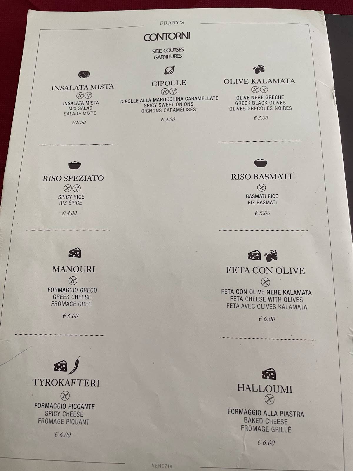 Menu at Frary's restaurant, Venice