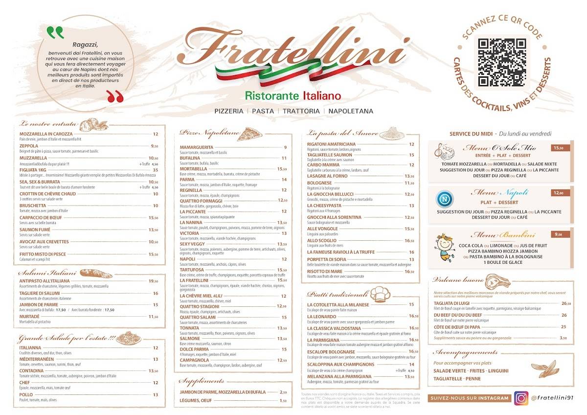 Menu au Fratellini restaurant, Morangis