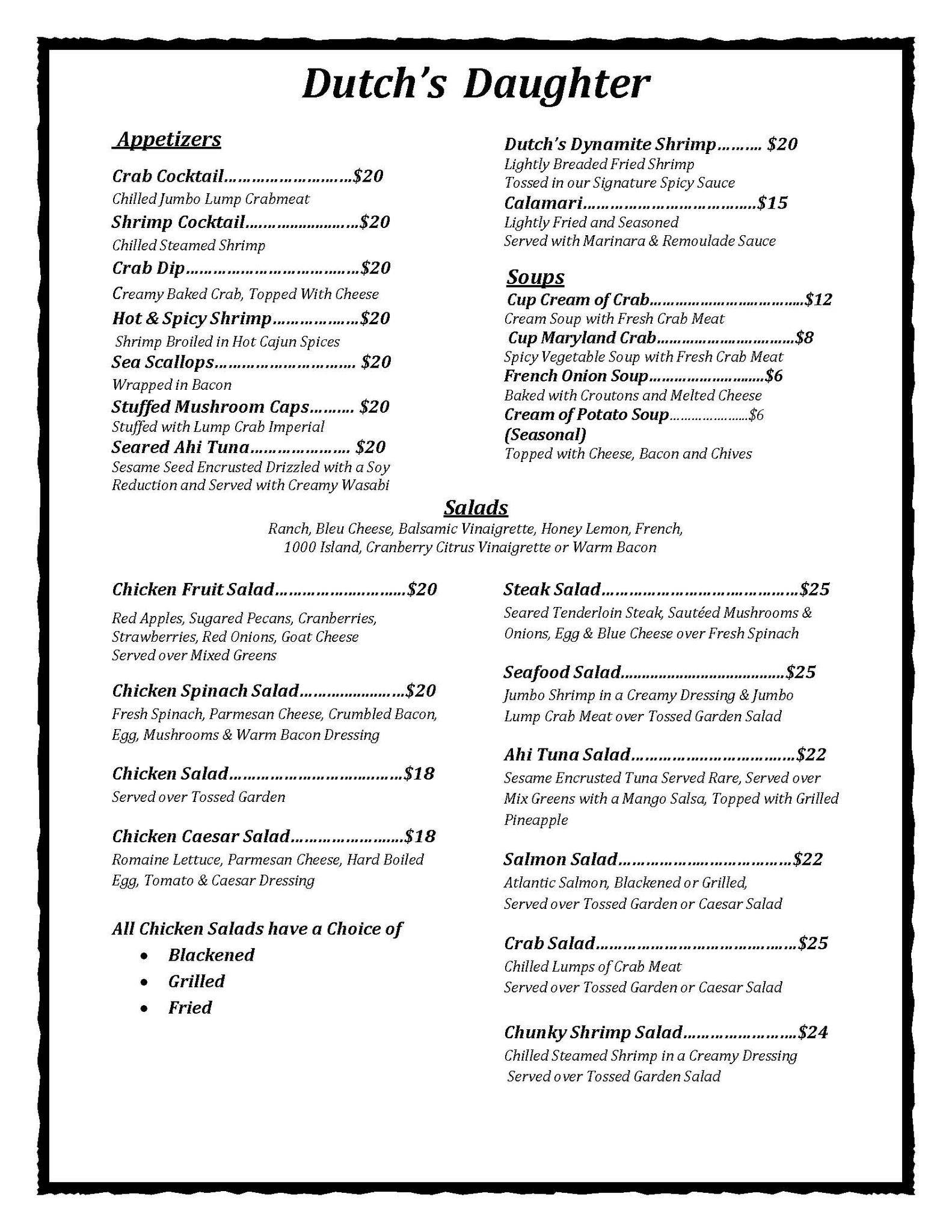 Menu at Dutch's Daughter steakhouse, Frederick, 581 Himes Ave