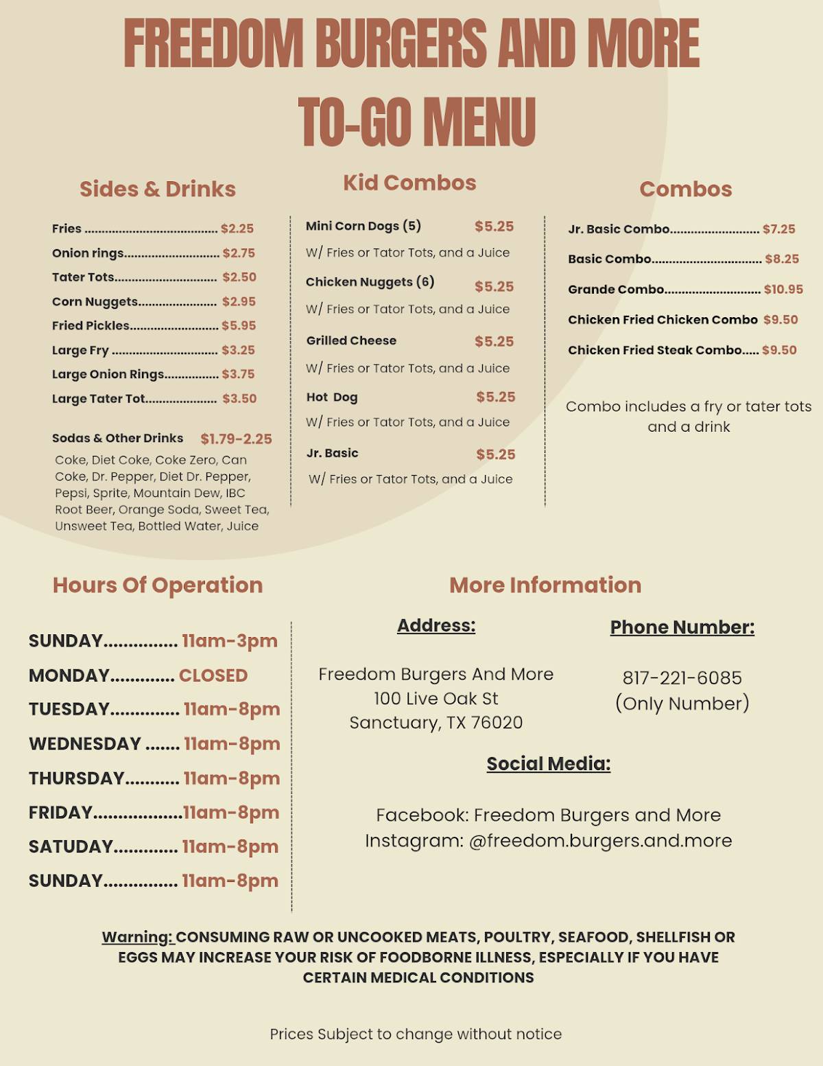 Menu at Freedom burgers & More restaurant, Sanctuary