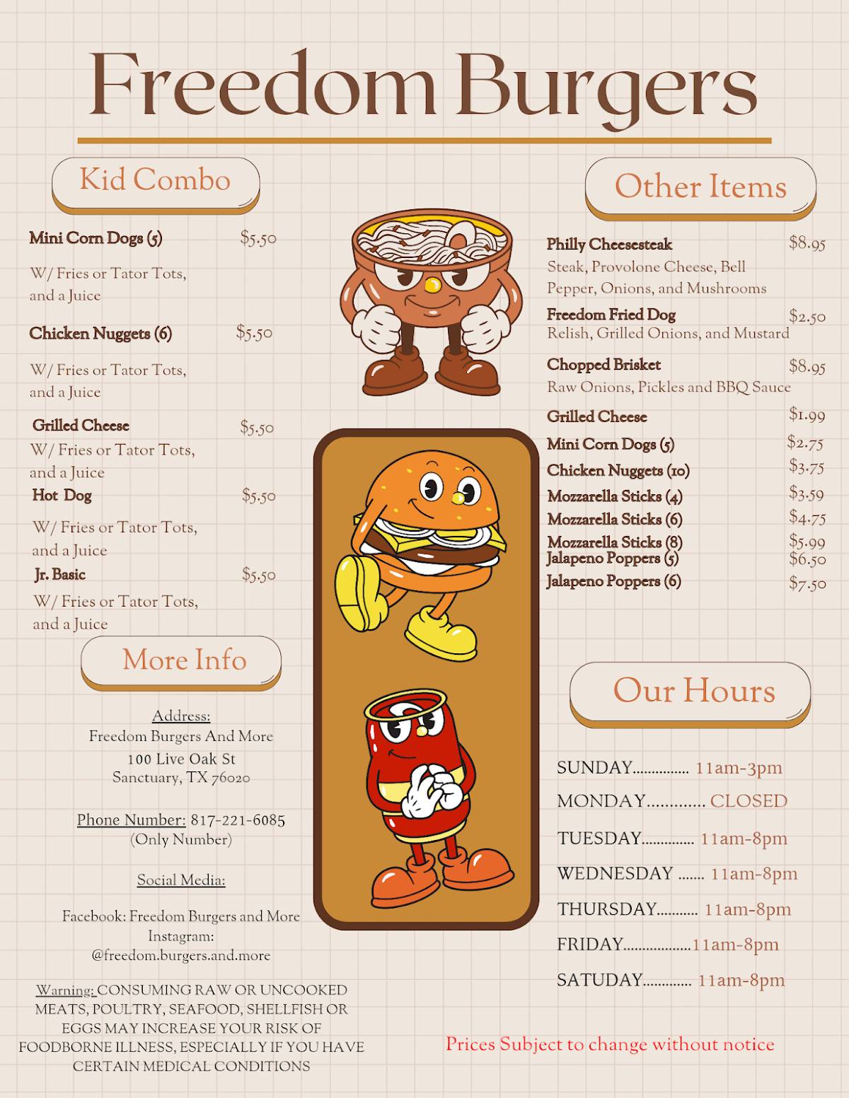 Menu at Freedom burgers & More restaurant, Sanctuary