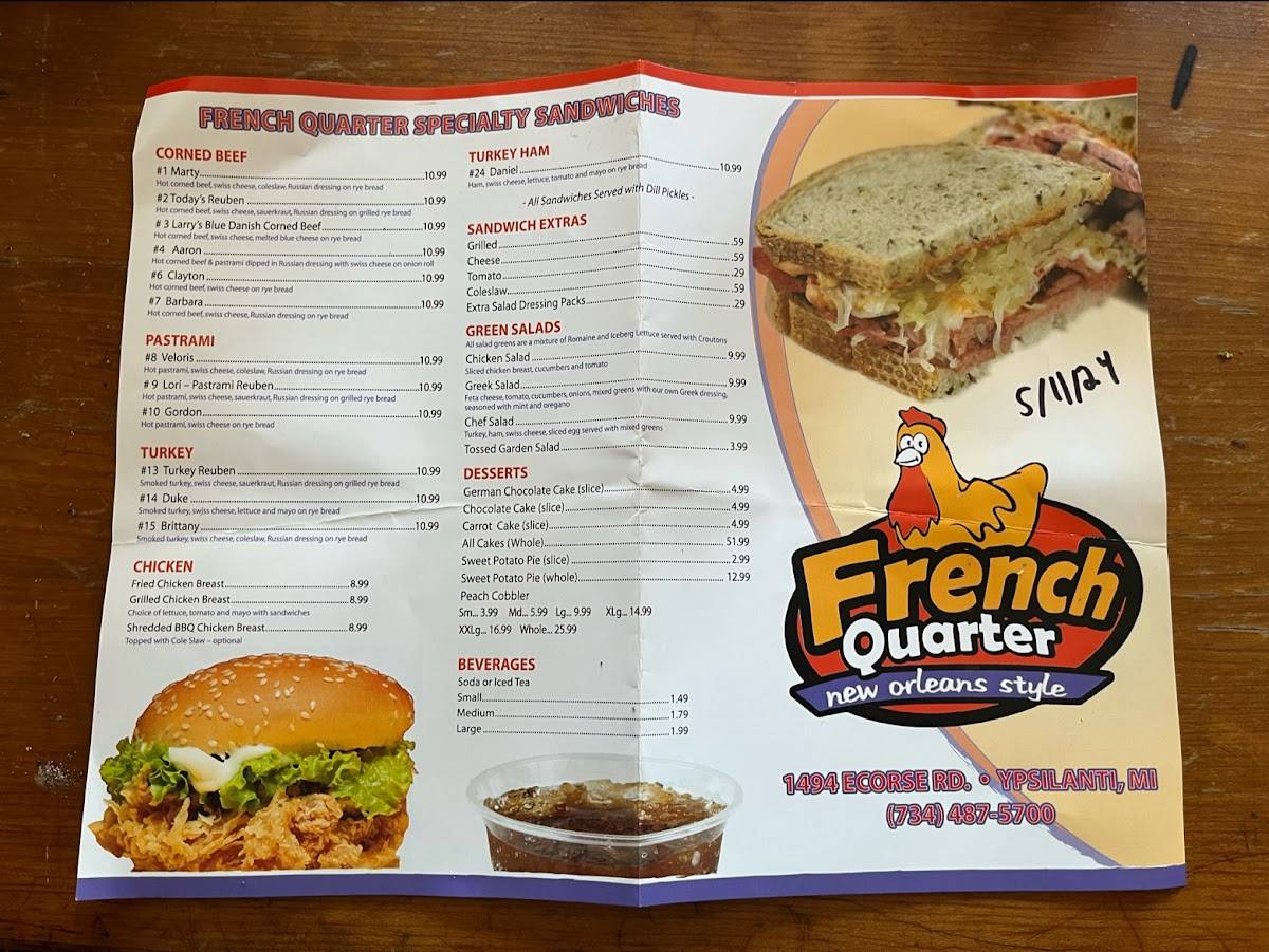 Menu at French Quarter restaurant, Ypsilanti