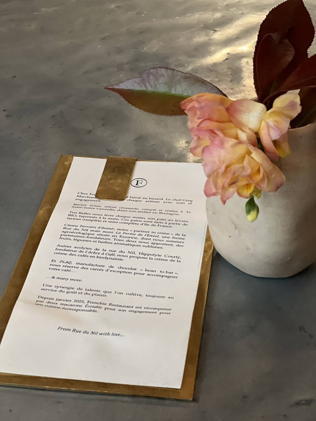 Menu at Frenchie restaurant, Paris, 5 Rue du Nil