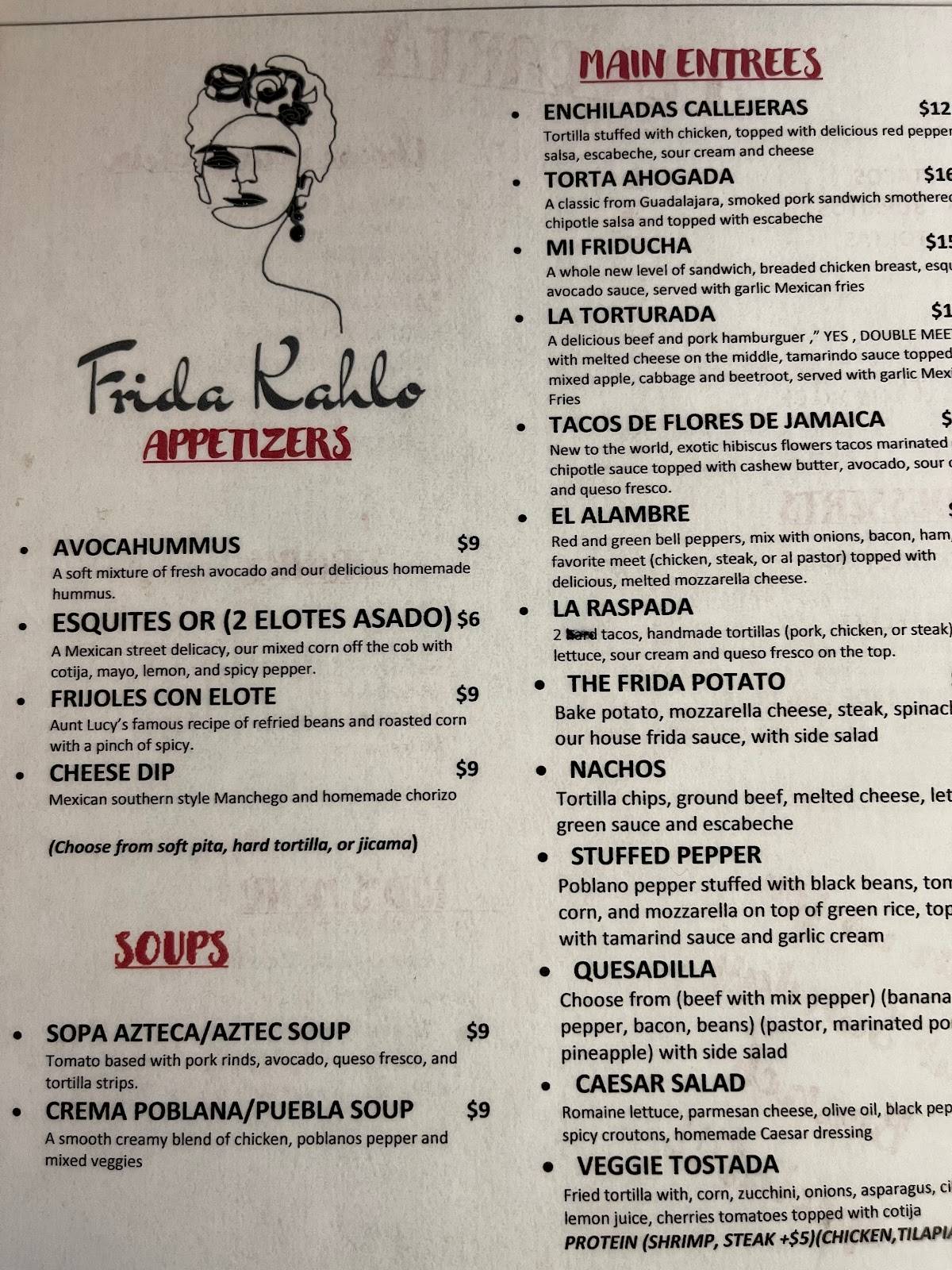 Carta del restaurante Frida Kahlo Modern Mexican Cuisine, Pelham