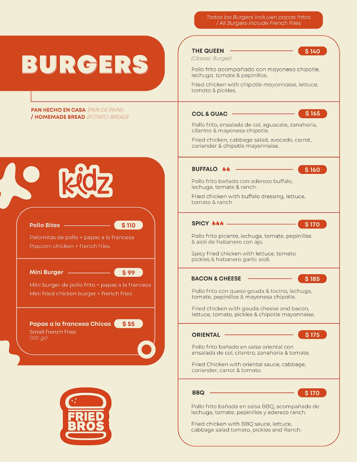 Carta del restaurante Fried Bros, Cozumel