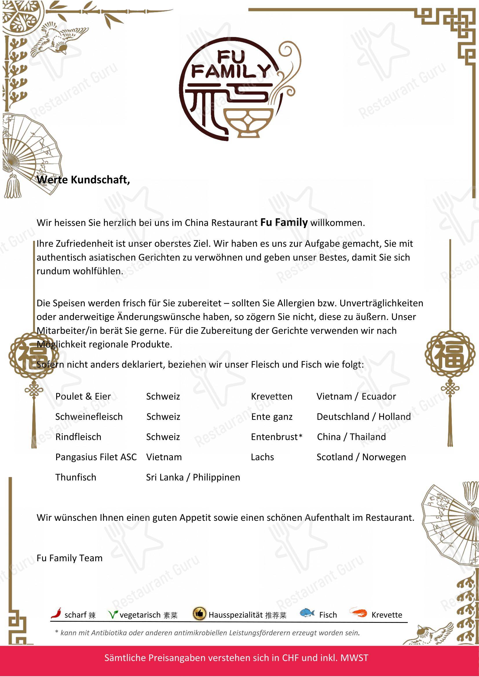 Speisekarte von Fu Family China Restaurant, Büren an der Aare