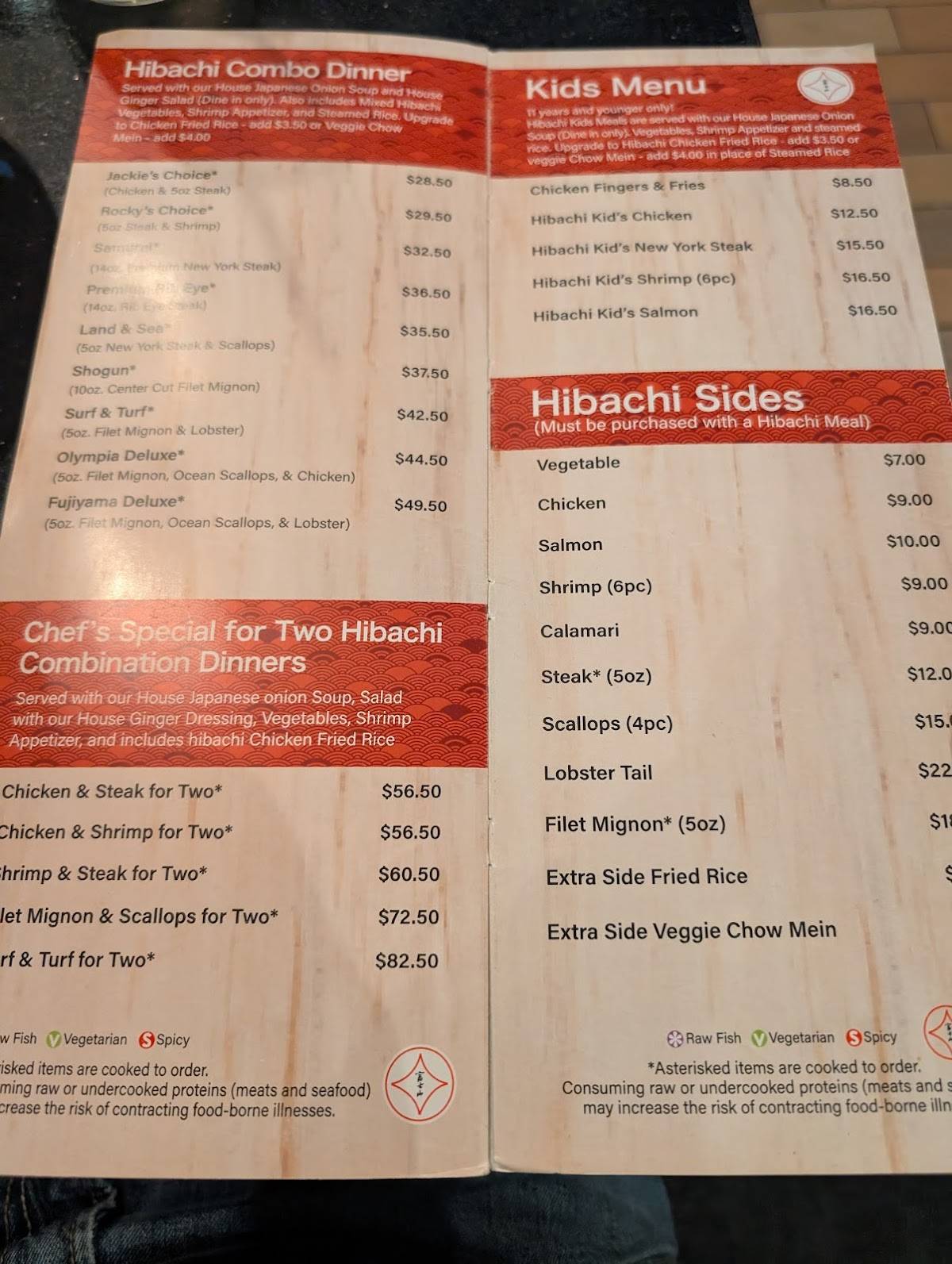 Menu at Fujiyama steakhouse, Liberty Lake