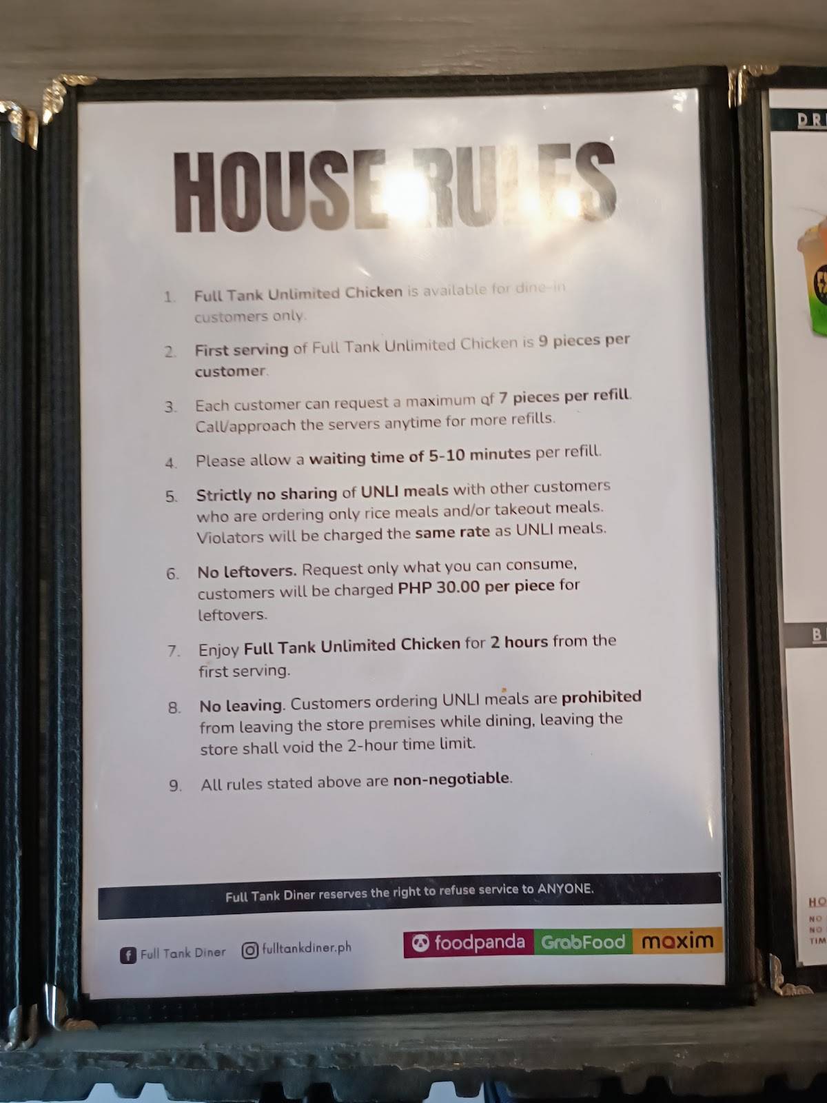 Menu at Full Tank Diner restaurant, Cagayan de Oro