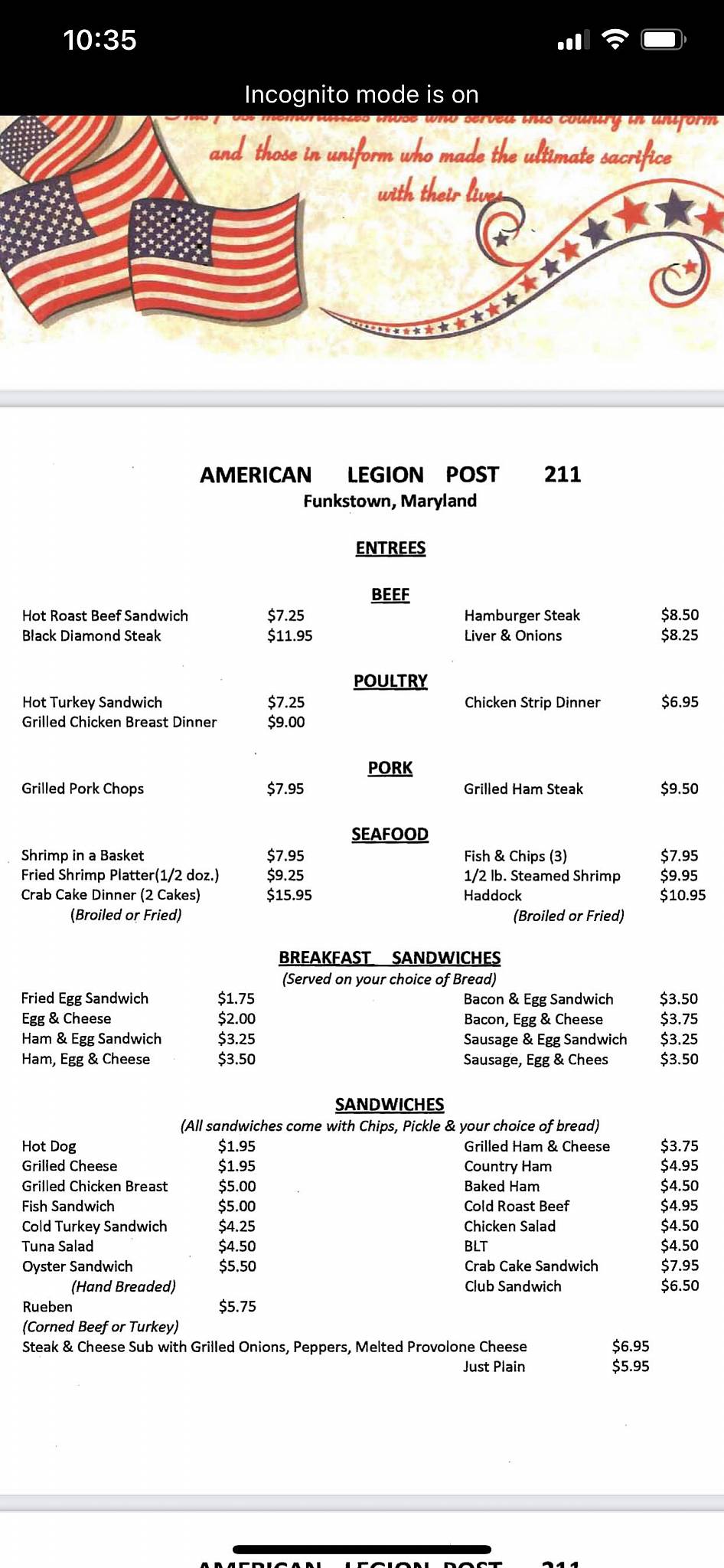 Menu at Funkstown American Legion Post 211, Funkstown
