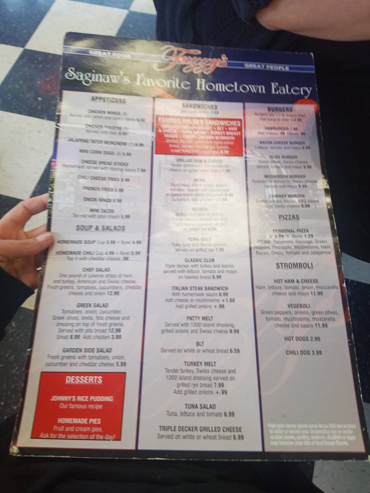 Menu at Fuzzy's Restaurant, Saginaw