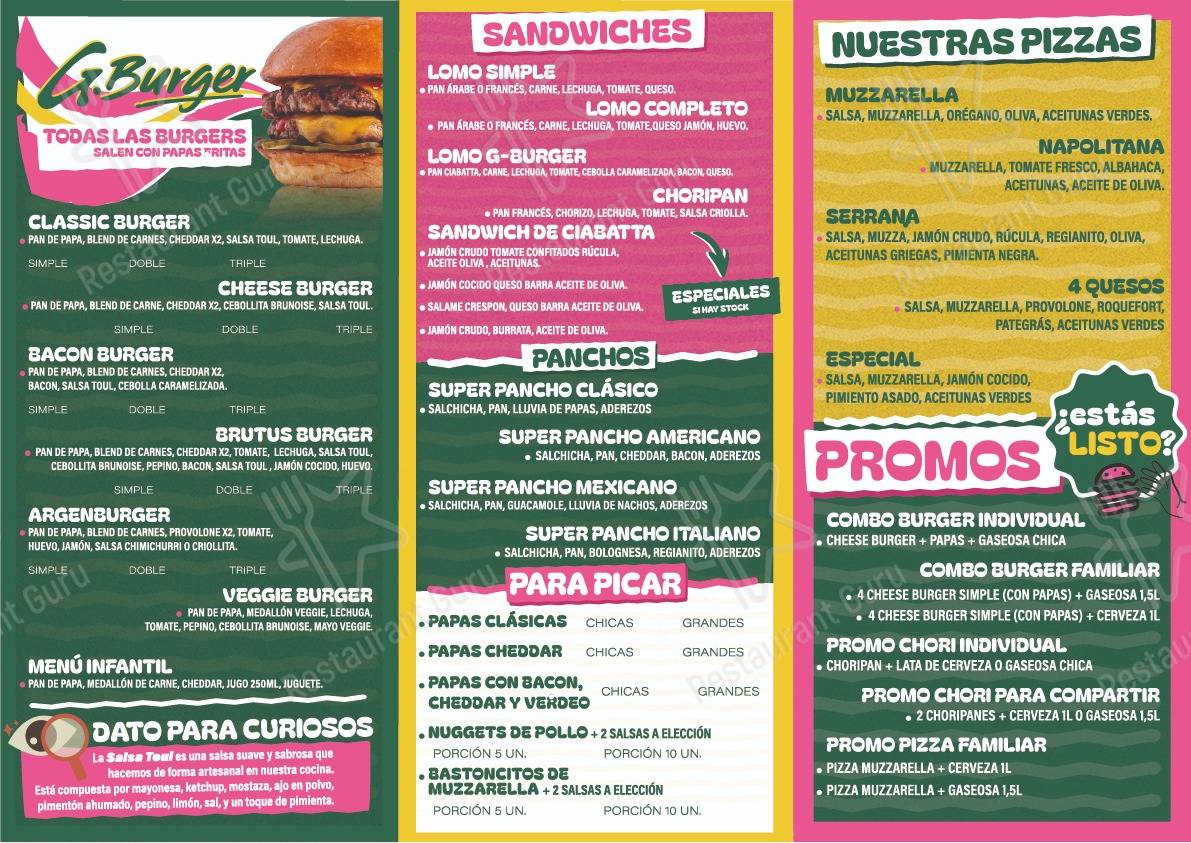 Menu at G.BURGER restaurant, Tunuyán