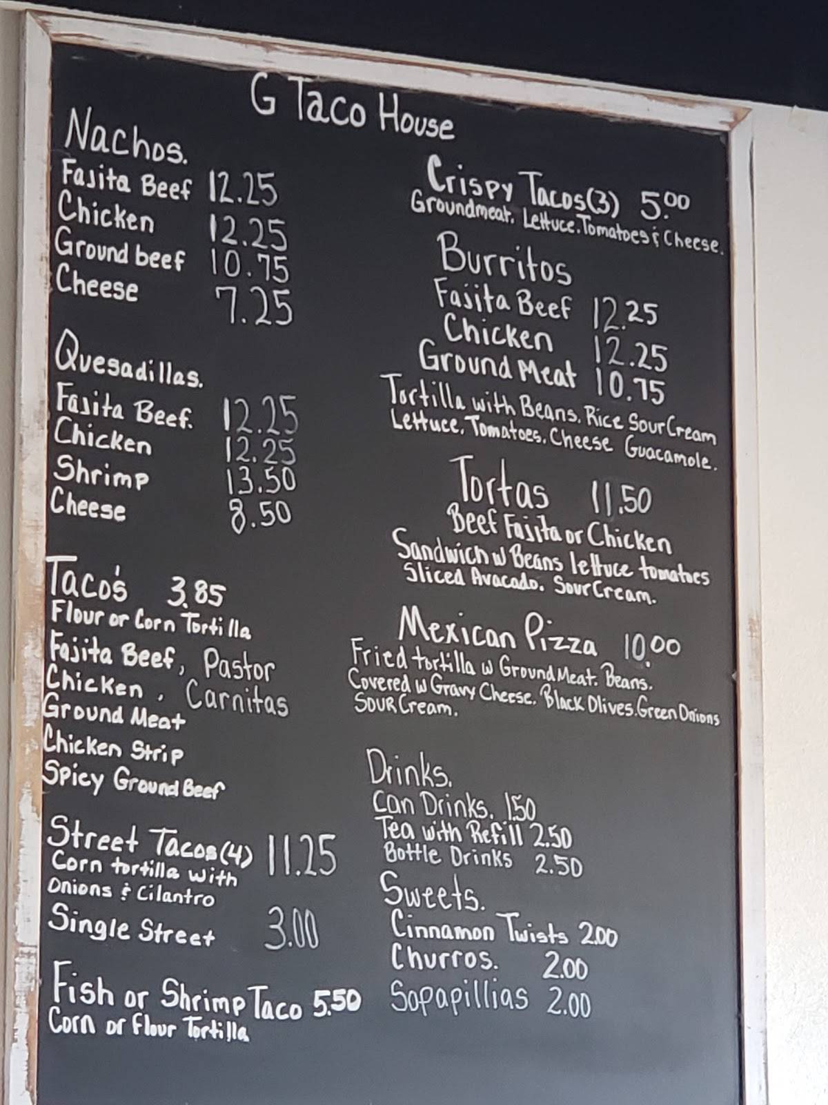Menu at G Taco House restaurant, Sour Lake