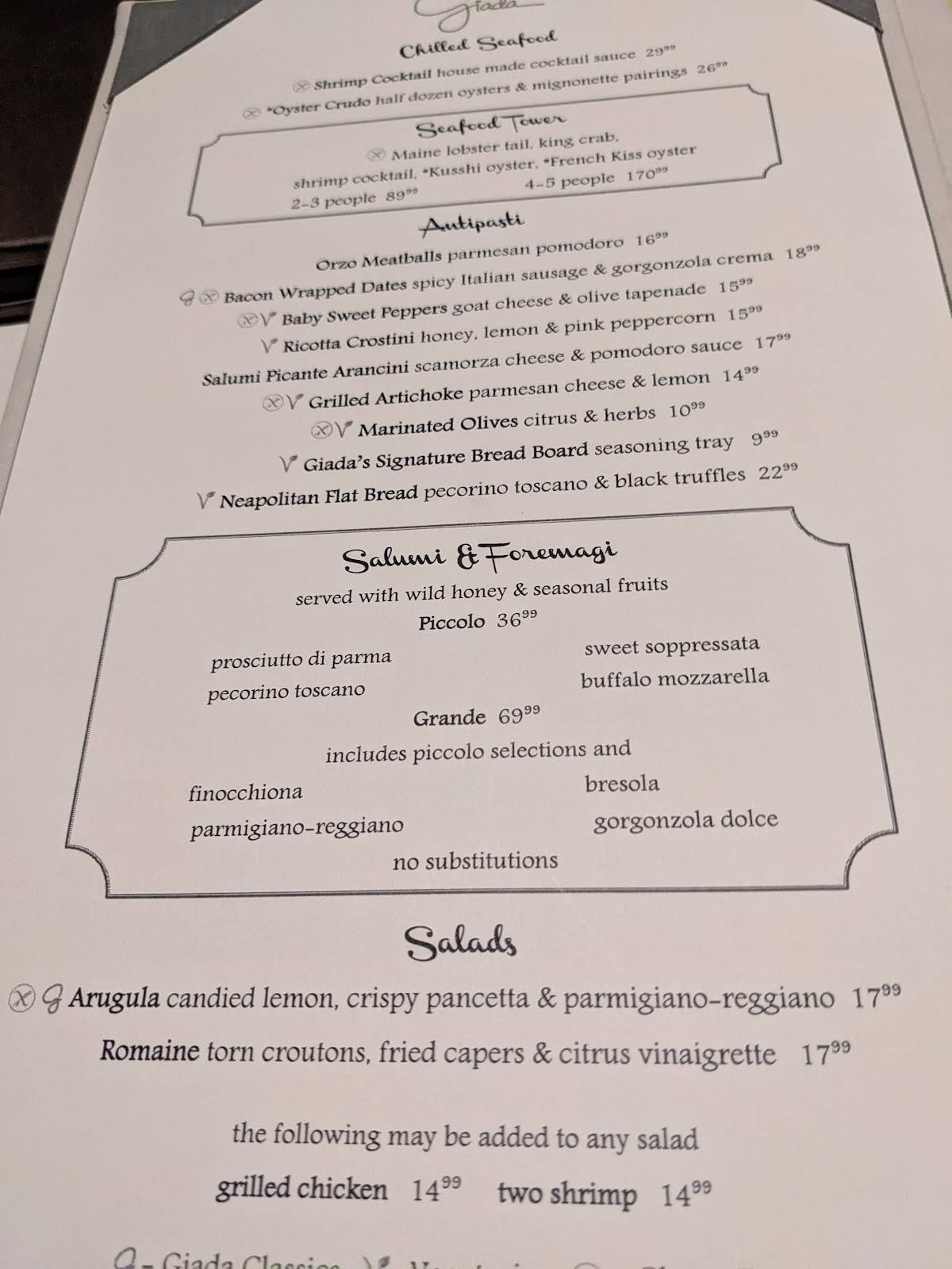 Menu at Giada at The Cromwell restaurant, Las Vegas, Las Vegas Blvd S