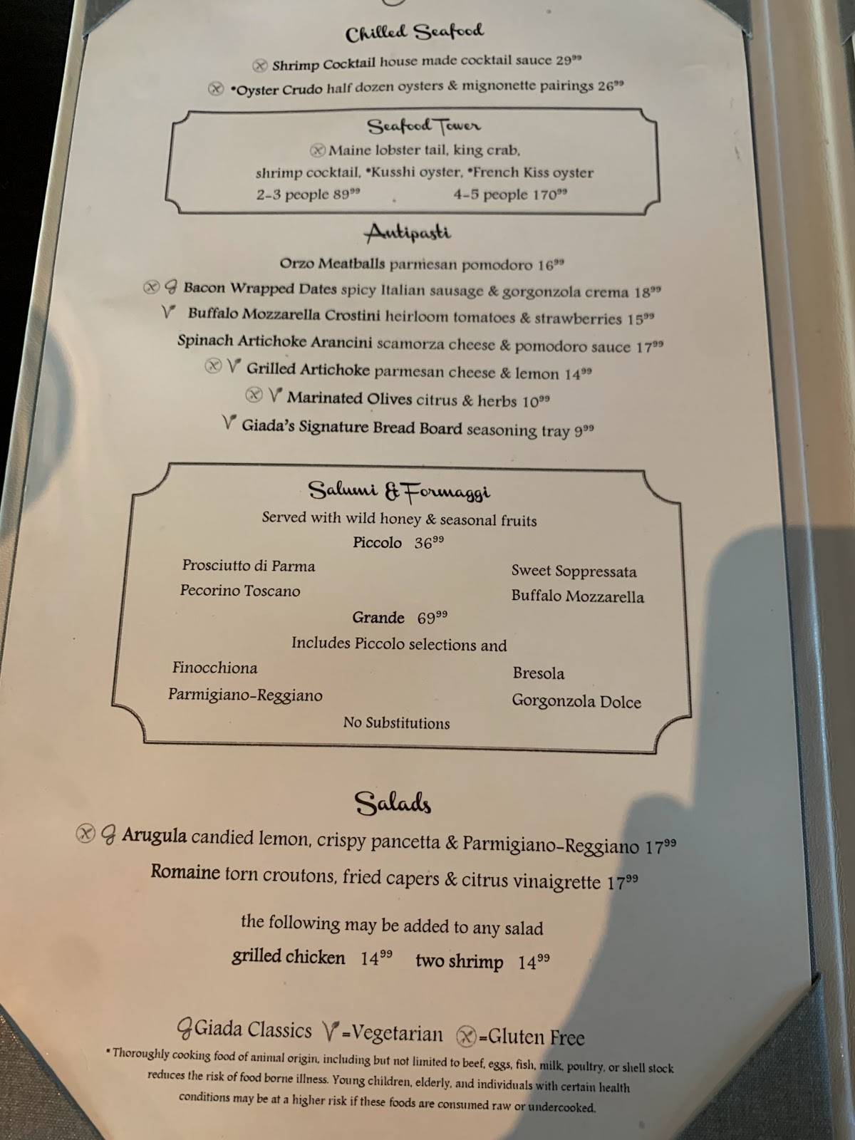 Menu at Giada at The Cromwell restaurant, Las Vegas, Las Vegas Blvd S