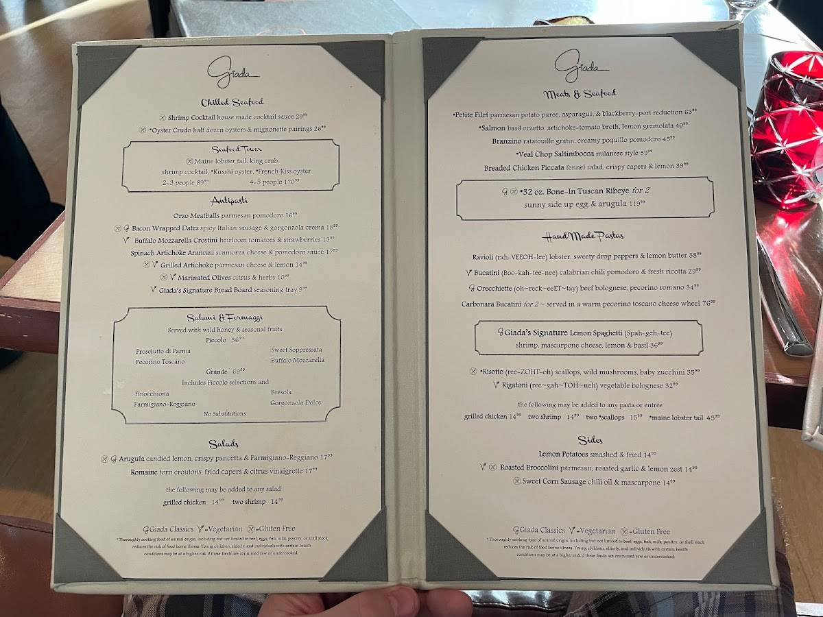 Menu at GIADA restaurant, Las Vegas, Las Vegas Blvd S