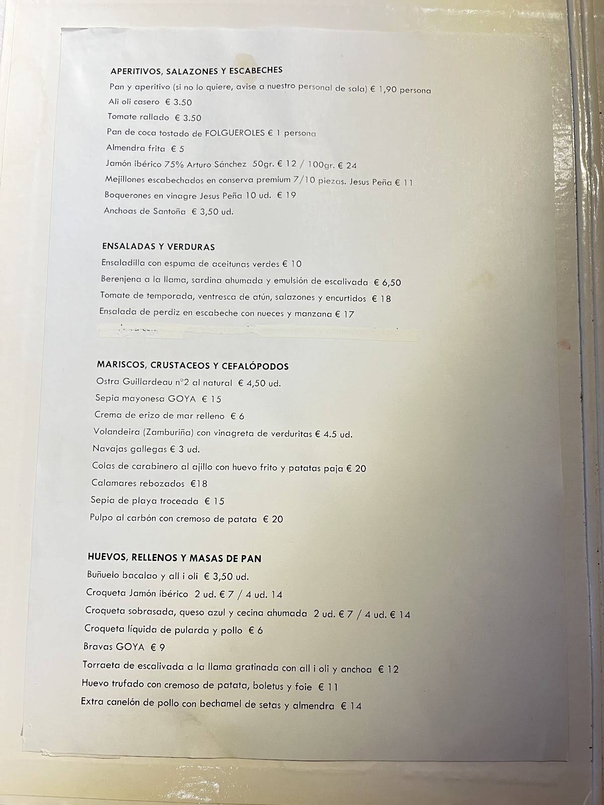 Carta de Restaurante Goya Gallery, Valencia, Carrer de Borriana